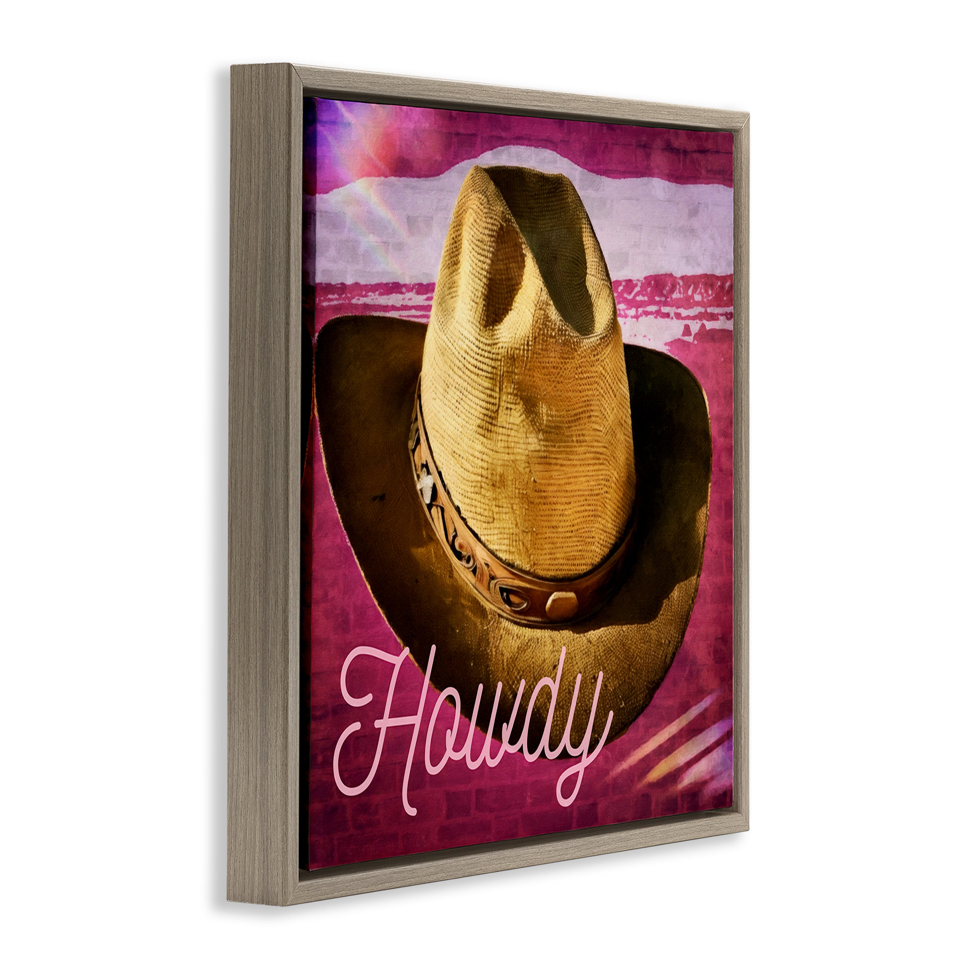Union Rustic Howdy Cowboy Hat on Pink Brown Framed Floater Canvas Wall ...