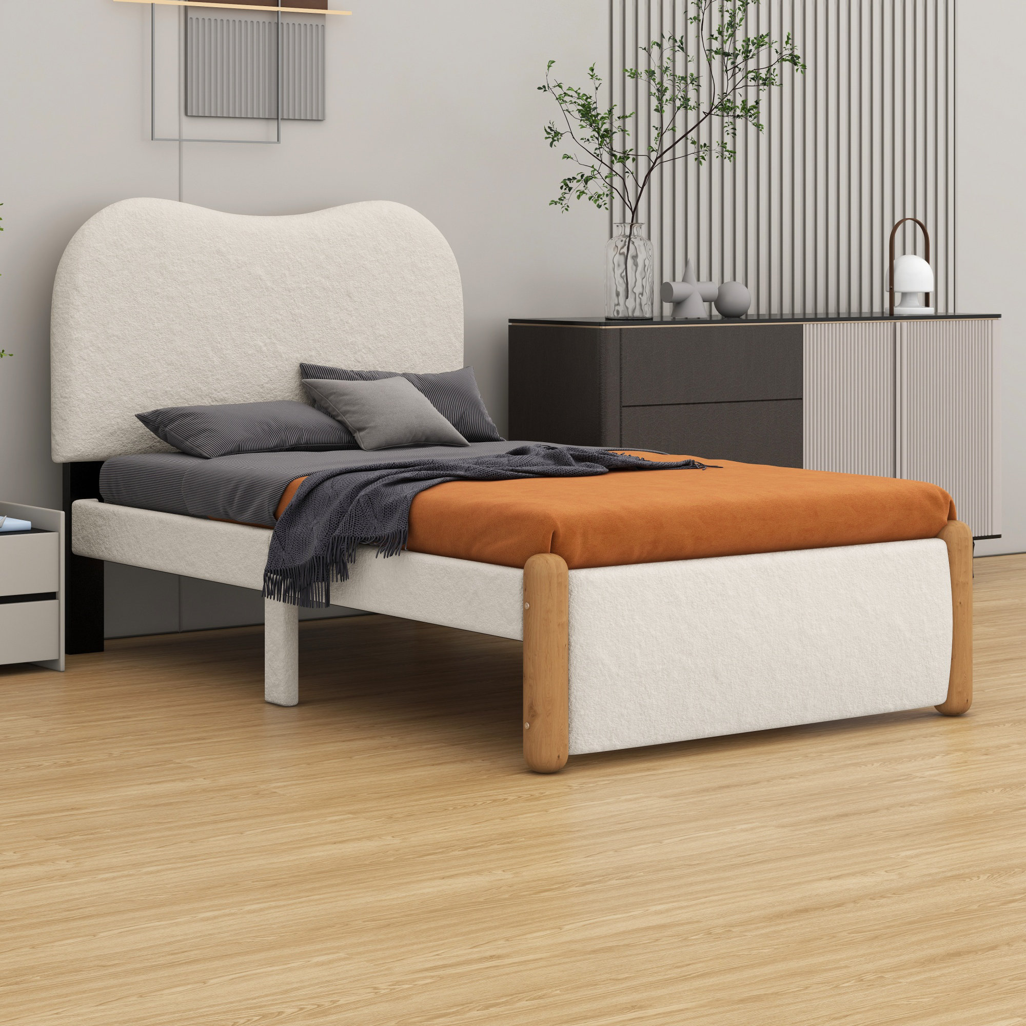 Lucky Furniture Upholstered Platform Bed With Wood Supporting Feet ...