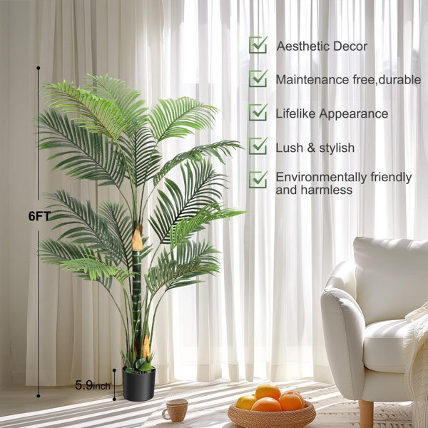 Primrue 6FT Fake Tropical Palm Plant, Artificial Golden Cane Palm Tree ...