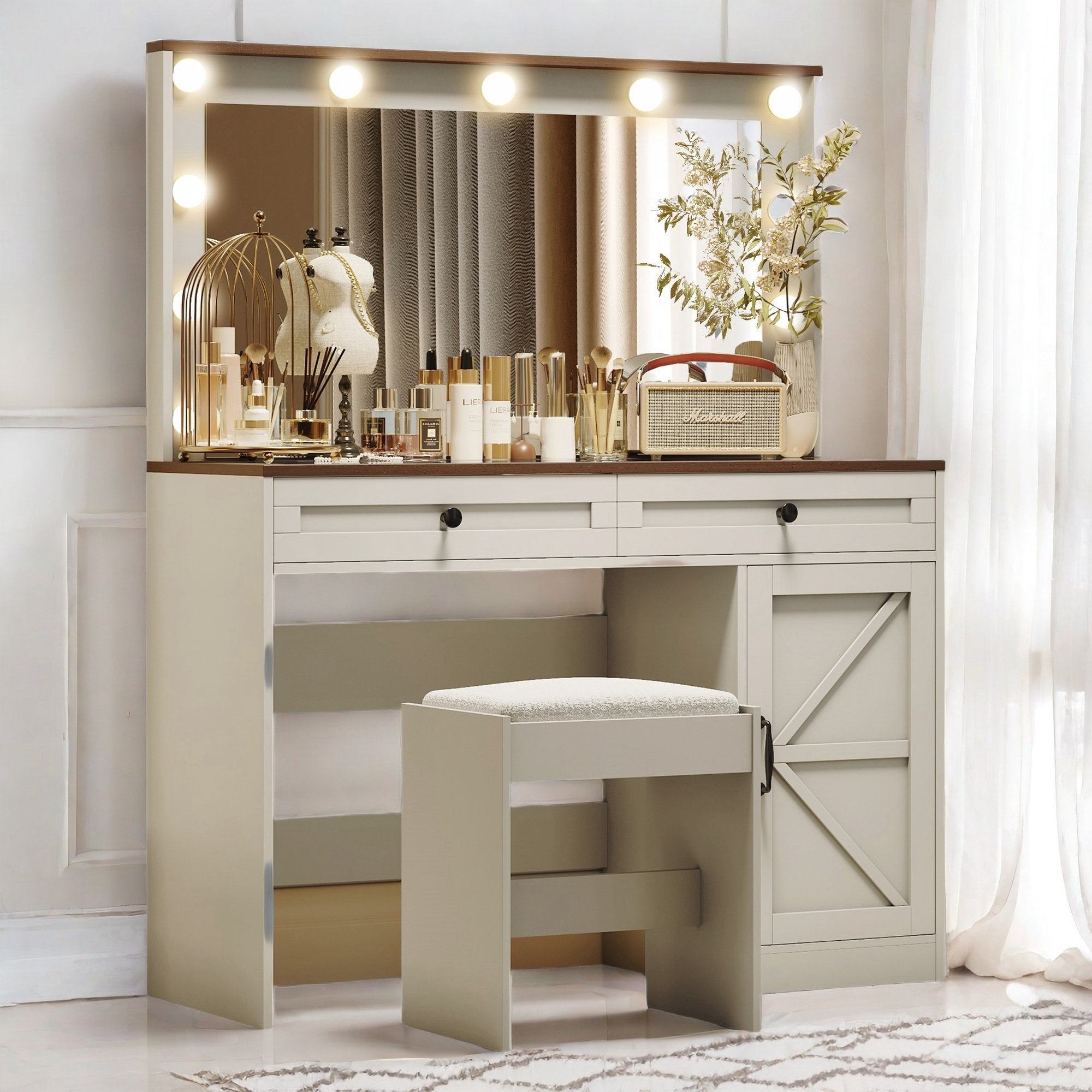 Gracie Oaks Makeup Vanity Table With Brightness Adjustable Large Mirror ...