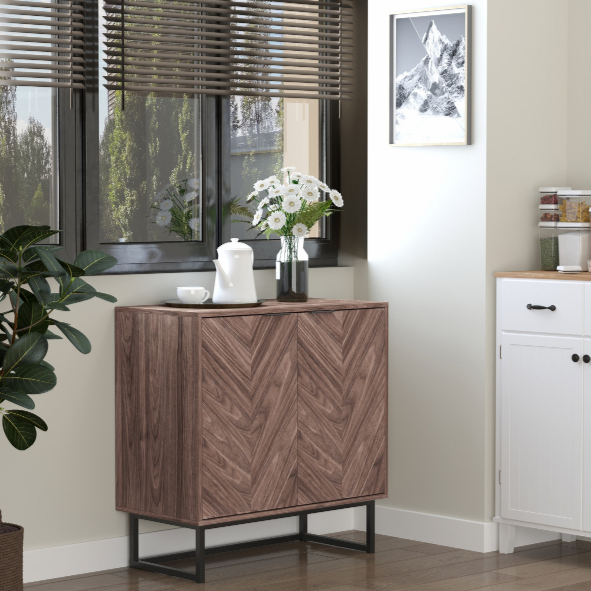 Mercer41 Sideboard Buffet Cabinet, Chevron Double Door Kitchen Cabinet ...