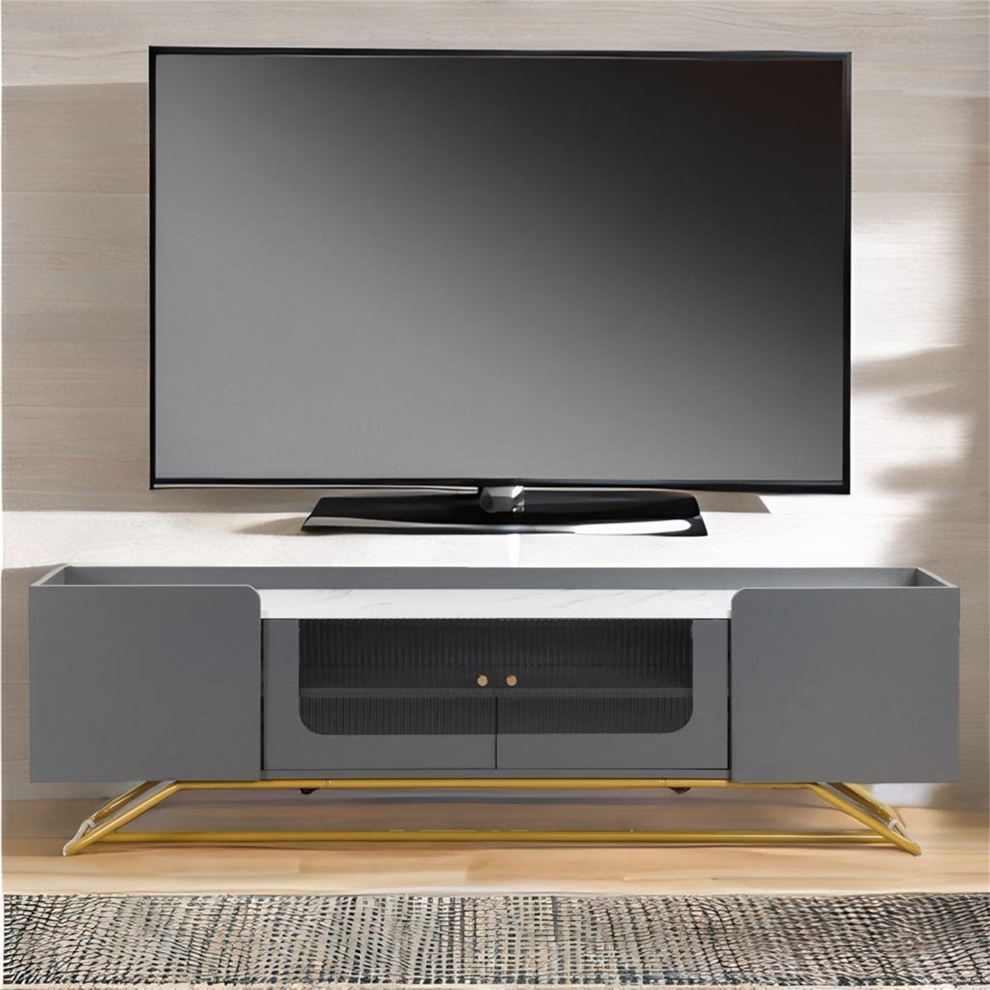 Mercer41 Sleek Design Tv Stand With Fluted Glass, Faux Marble Top | Wayfair