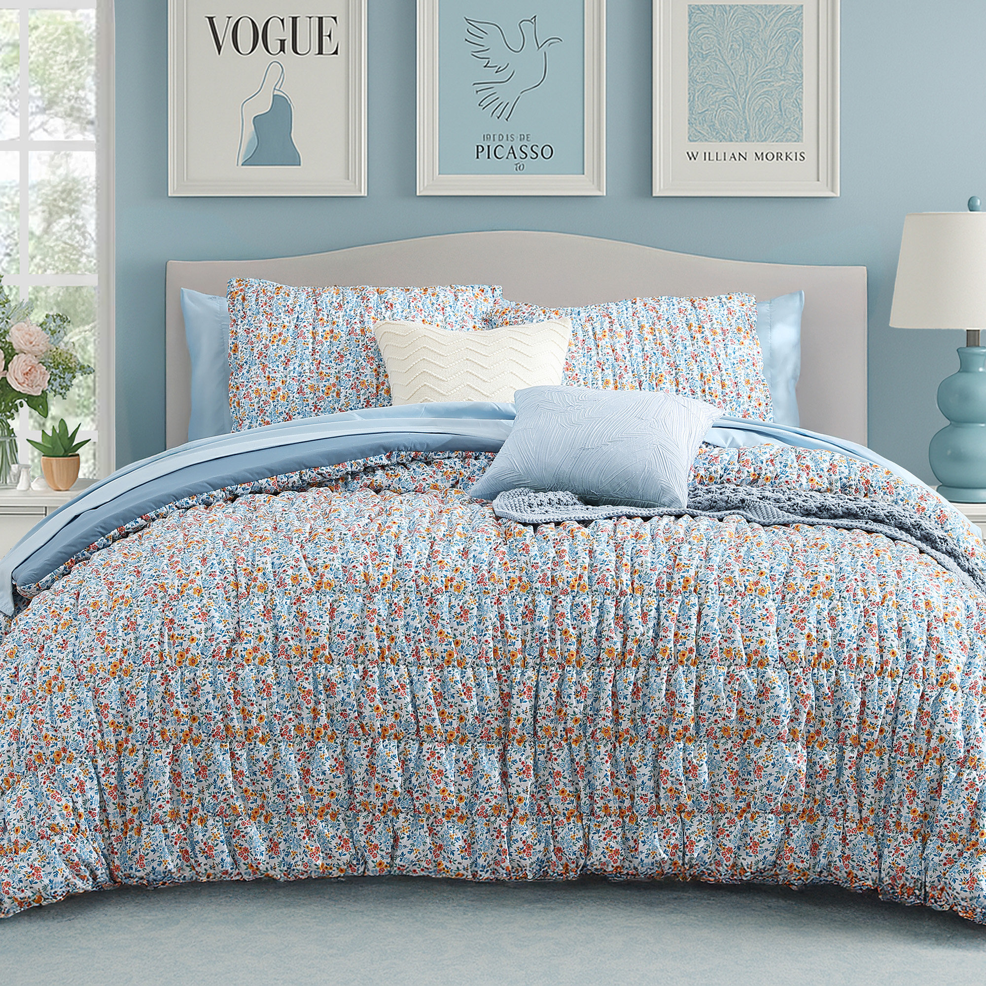 Geniospin Comforter Set - 7 Pieces Classic Puff Floral Bedding Sets for ...