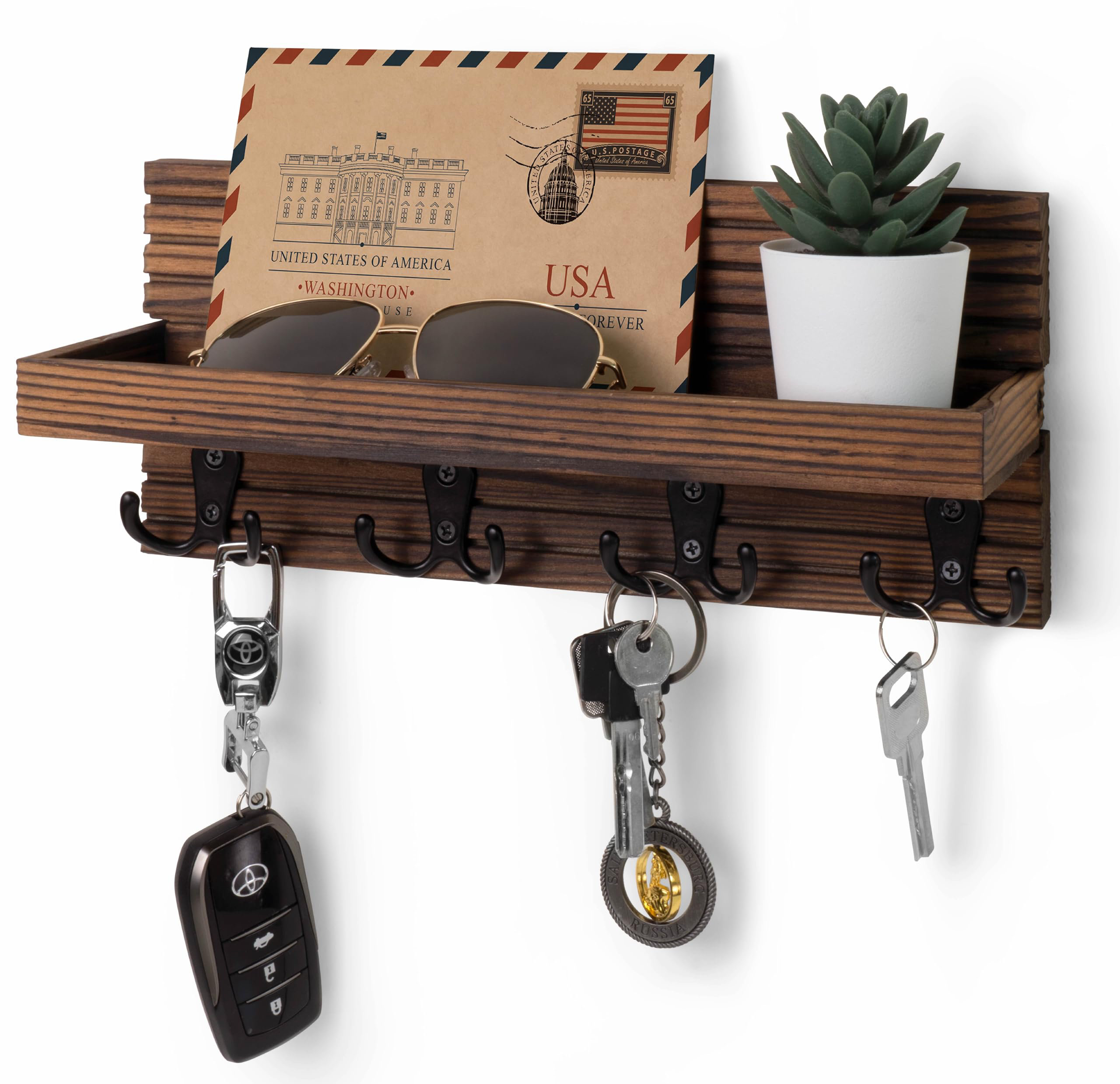 Millwood Pines Natural Wooden Key Holder - Wall Mounted Mail Organizer ...