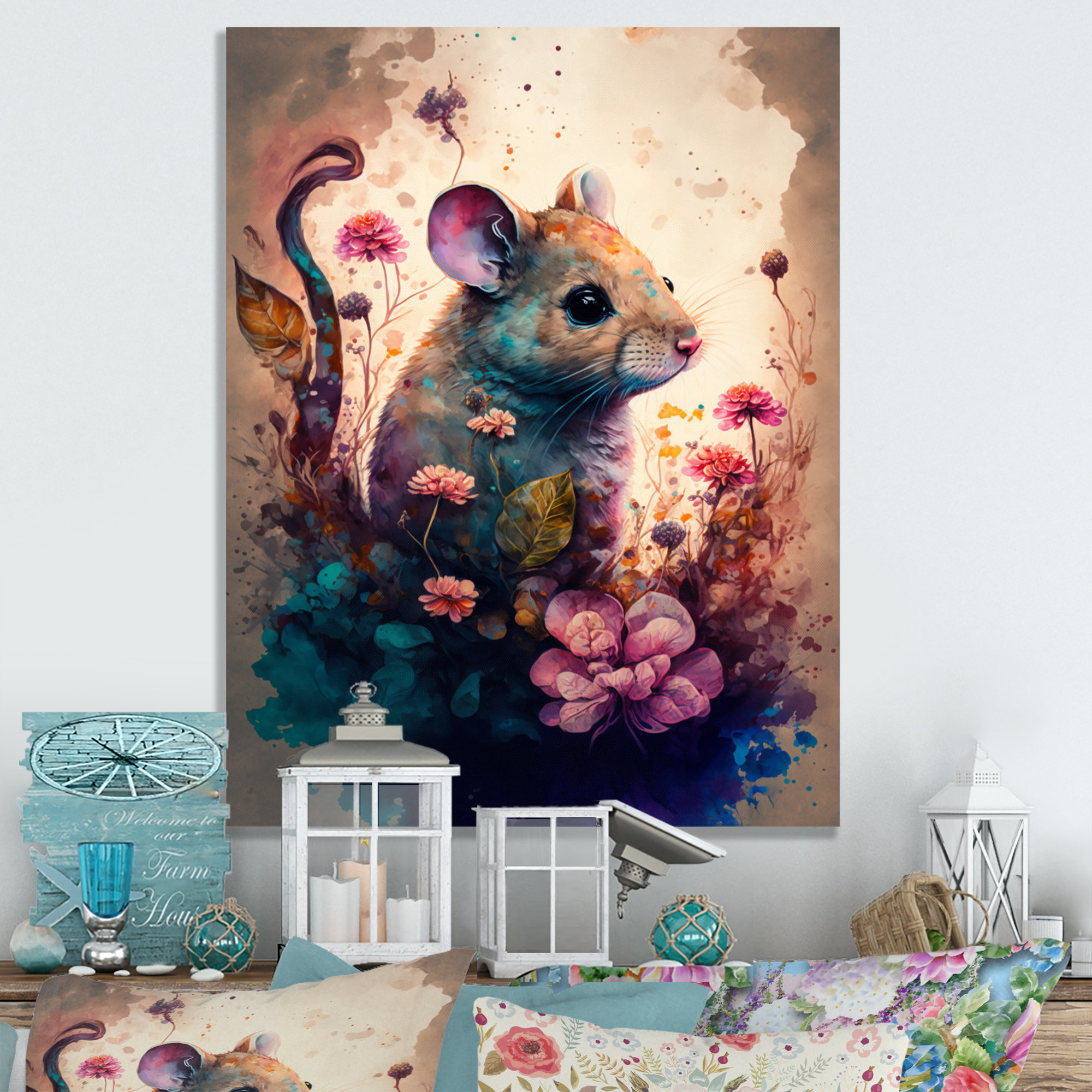 Red Barrel Studio® Cute Mouse Floral Art - Painting on Canvas | Wayfair