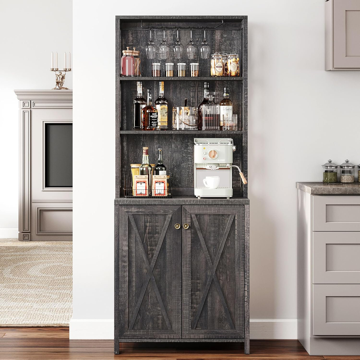 Gracie Oaks 67" Tall Wine Bar Cabinet With Adjustable Shelves, Open ...