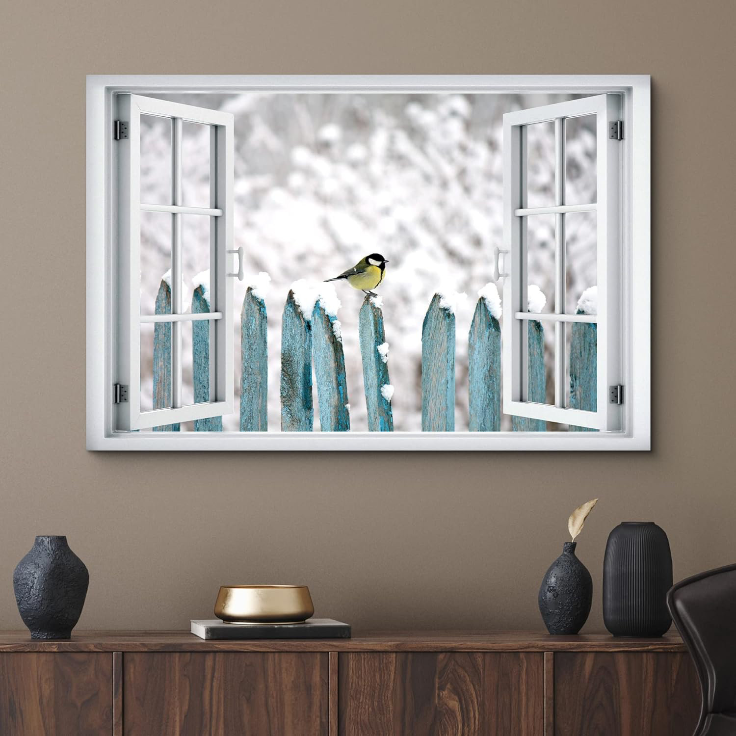IDEA4WALL Window Scenery " Window View Winter Snow Forest Finch Bird ...
