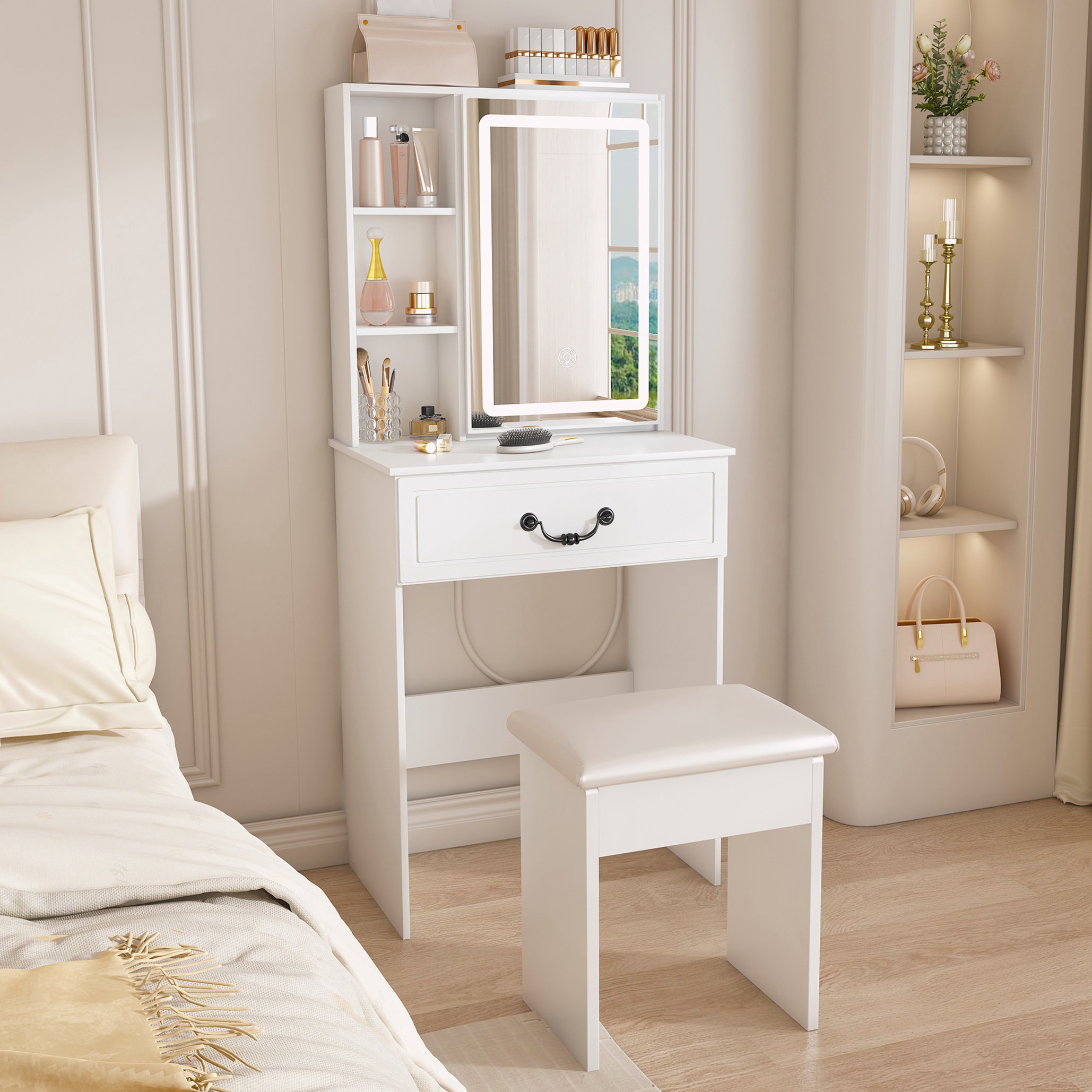 Wrought Studio™ Modern Mini Dressing Table with LED-lit Mirror | Wayfair