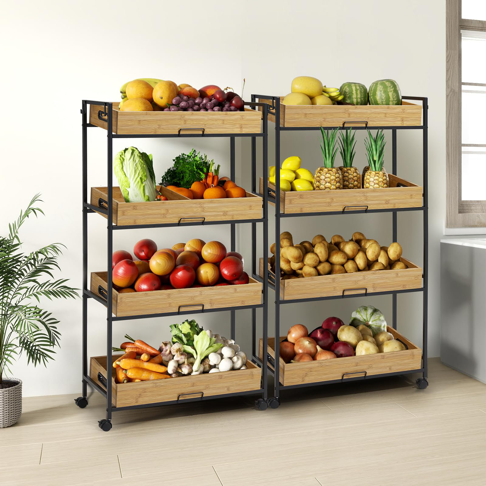 Rebrilliant Rolling Kitchen Storage Rack - 4-Shelf Wood Organizer with ...