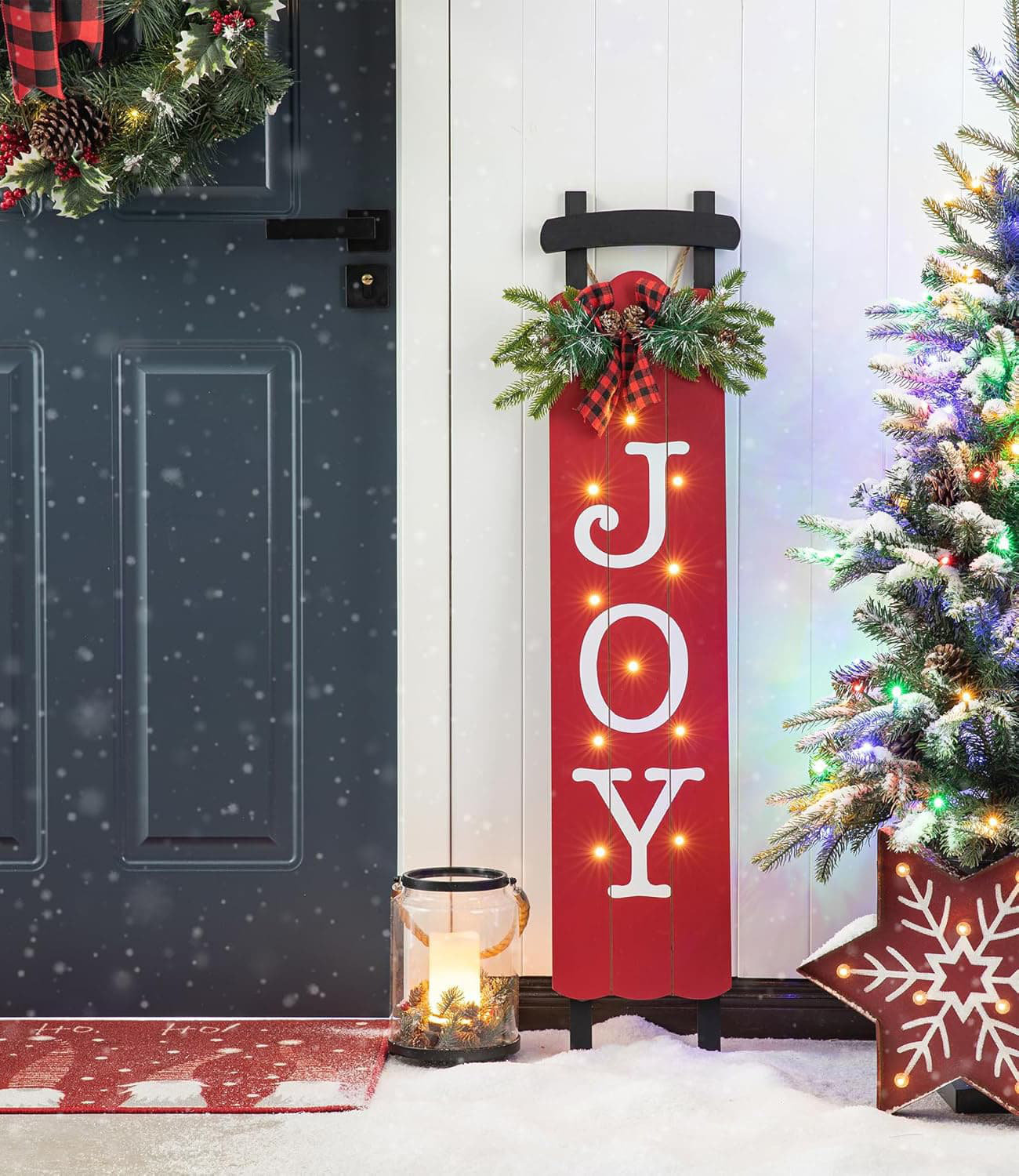CAFMEB 40" H Lighted Wooden Sleigh Sign - Joy Porch Sign Decorative ...