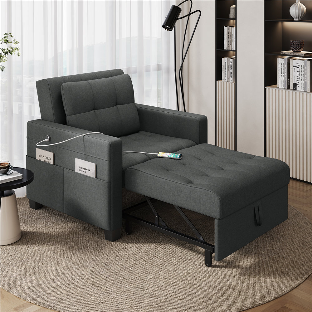 Ebern Designs 3-in-1 Convertible Sleeper Chair Bed with 2 USB Ports ...