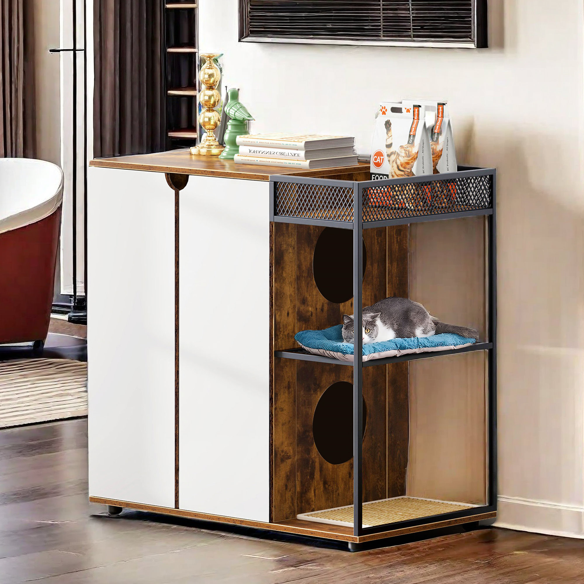 17 Stories Thearsa Litter Box Enclosure for 2 Cats with 2 Litter Boxes ...