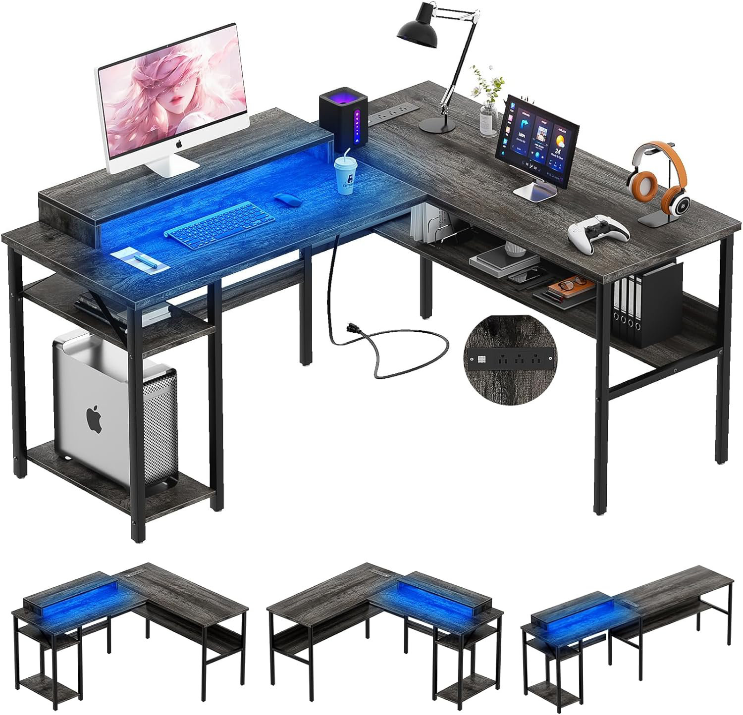 Wrought Studio™ Reversible L Shaped Desk With Power Outlets And RGB LED ...