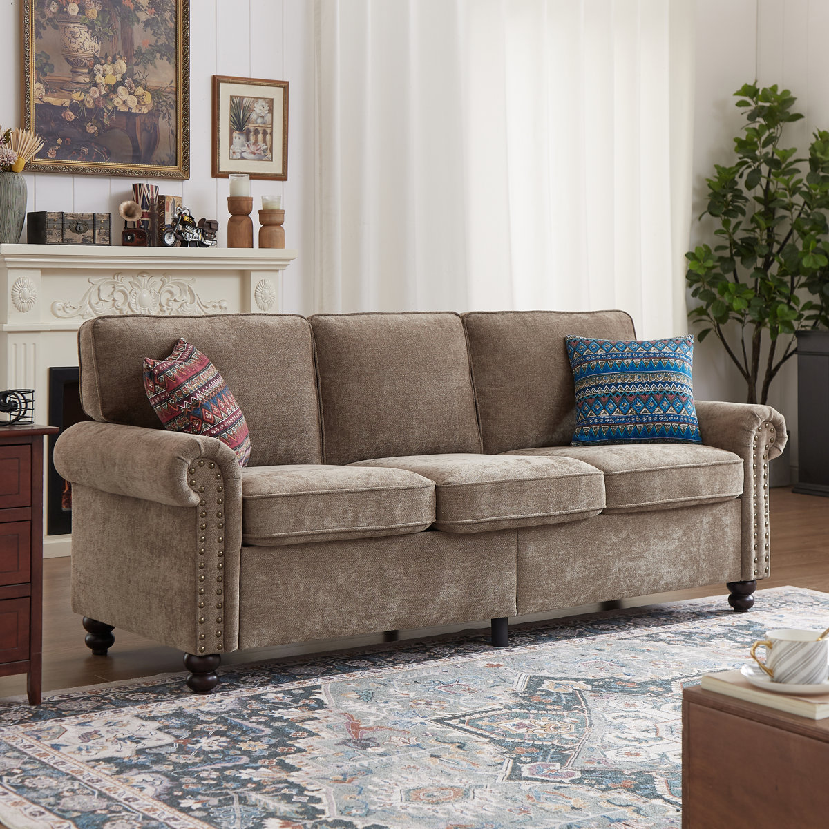 Charlton Home® 81.5" 3 Seat Sofa Couch, Rolled Arm Sofas With Nailhead ...