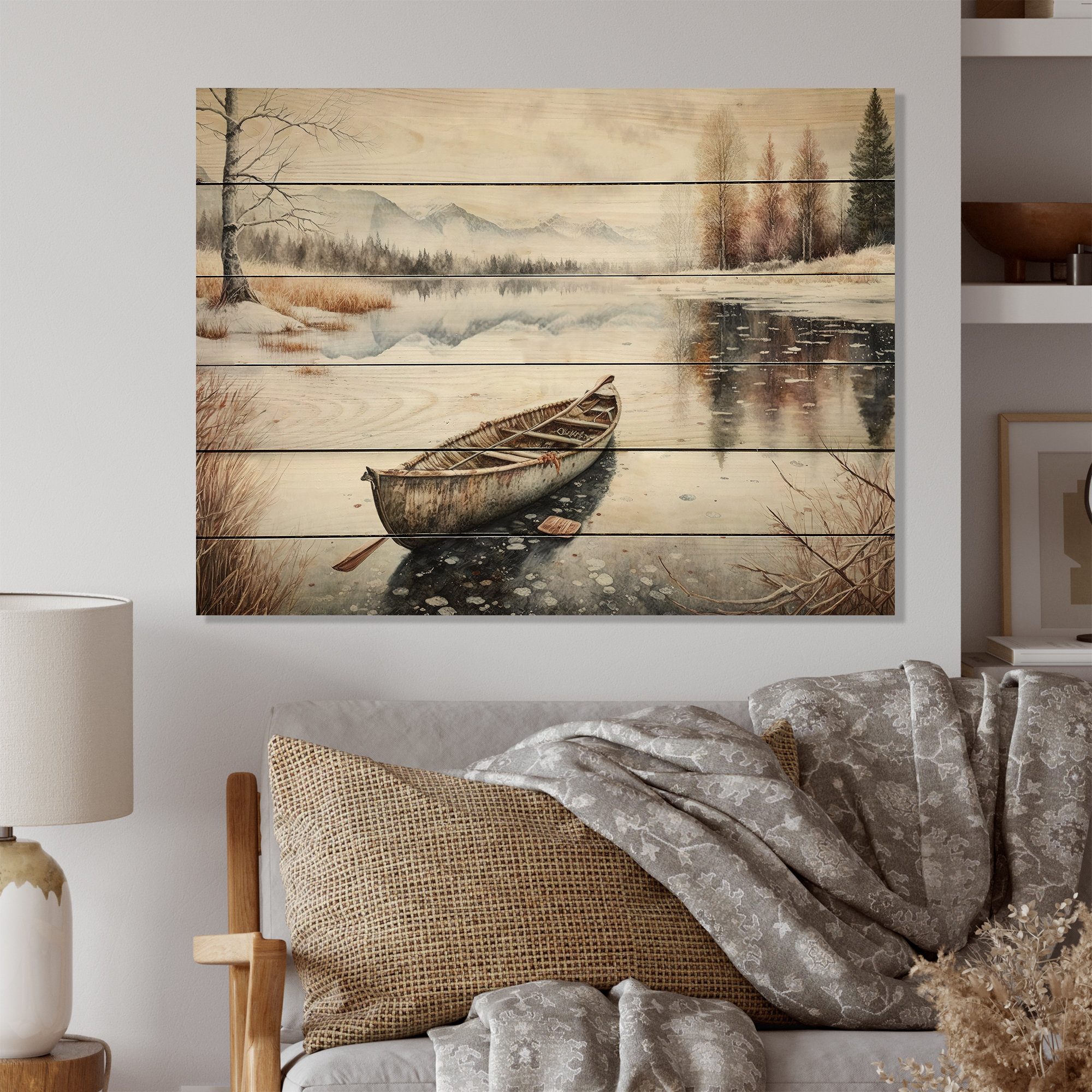 Union Rustic Winter Scene With Canoe I - Unframed Print on Wood | Wayfair