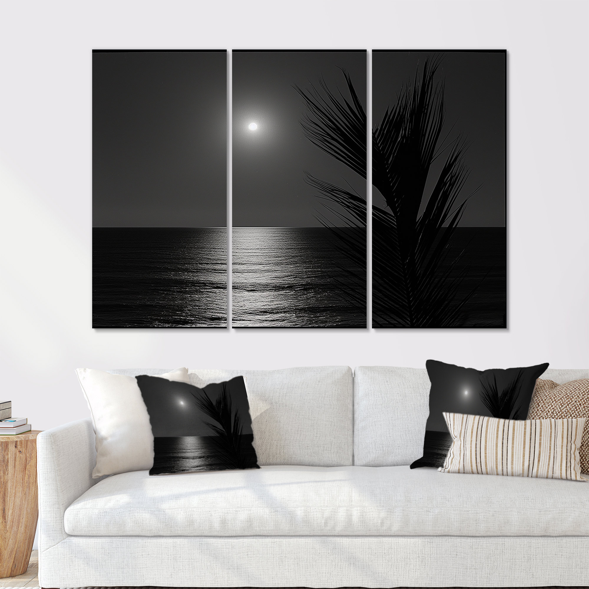 Design Art Black And White Palm Moonlight Horizon - Coastal Tropical ...