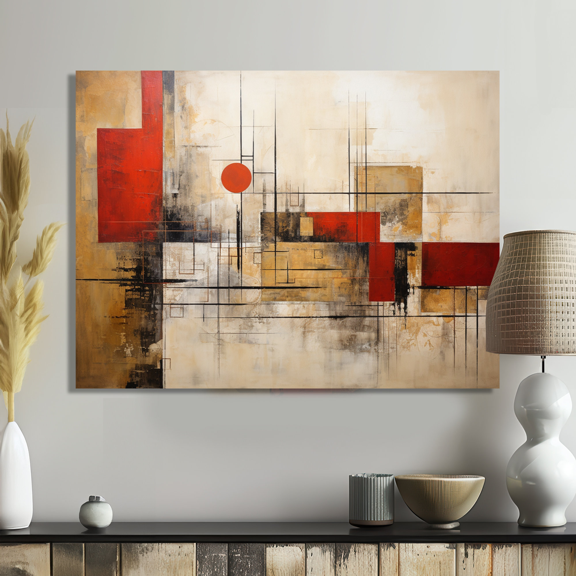 17 Stories Red Moon Gold Cubist Abstract - Geometric Wall Art Print ...