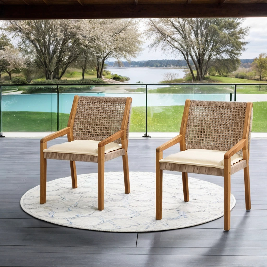 Bay Isle Home™ Acacia Wood & Wicker Outdoor Dining Chairs with Cream ...