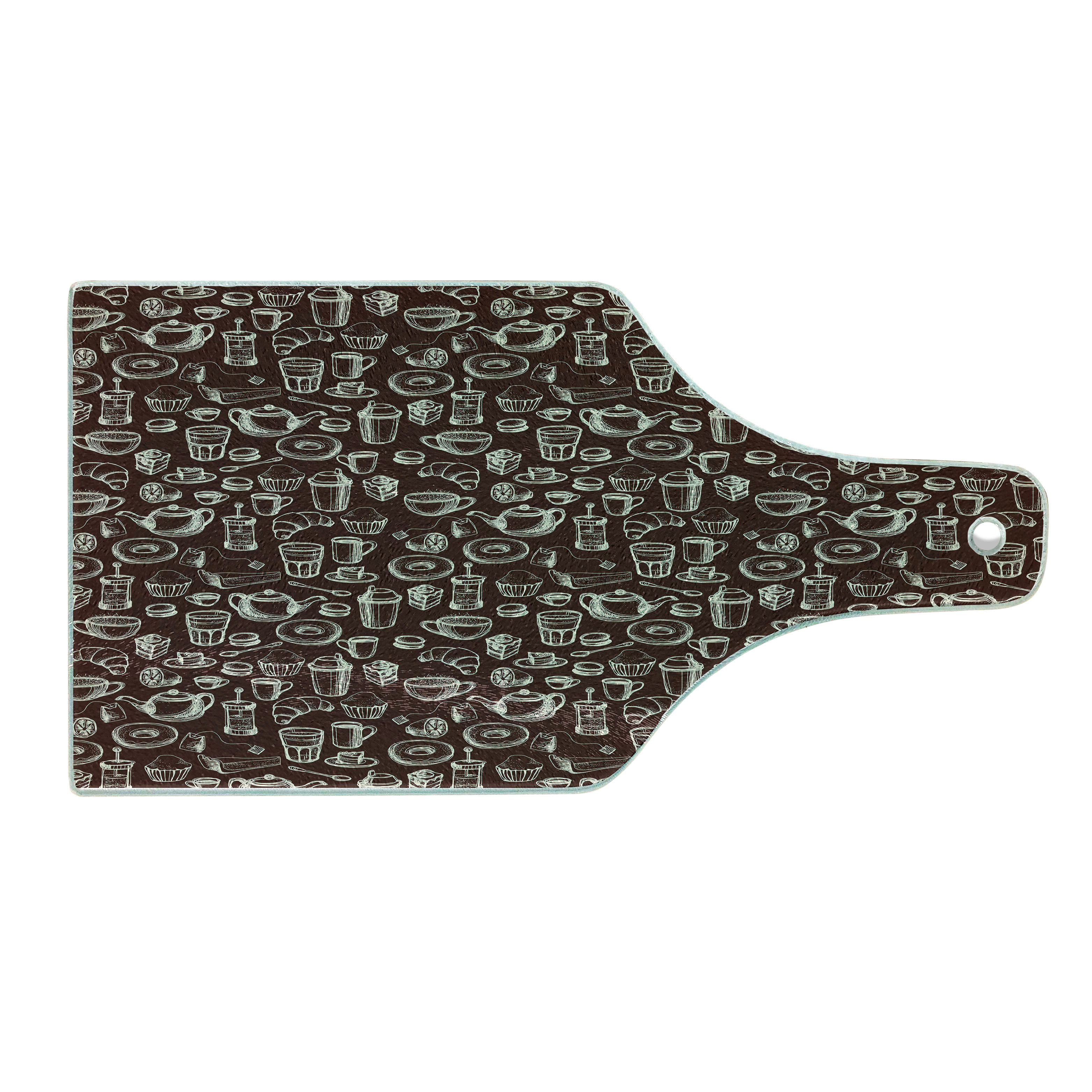 Ambesonne Brown and White Tempered Glass Cutting Board Doodle Tea Time ...