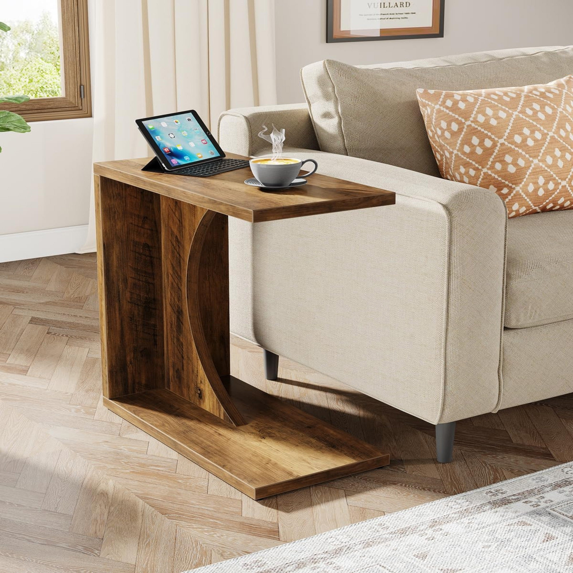 Ebern Designs 23.62” C-Shaped Rustic Brown End Table For Couch ...