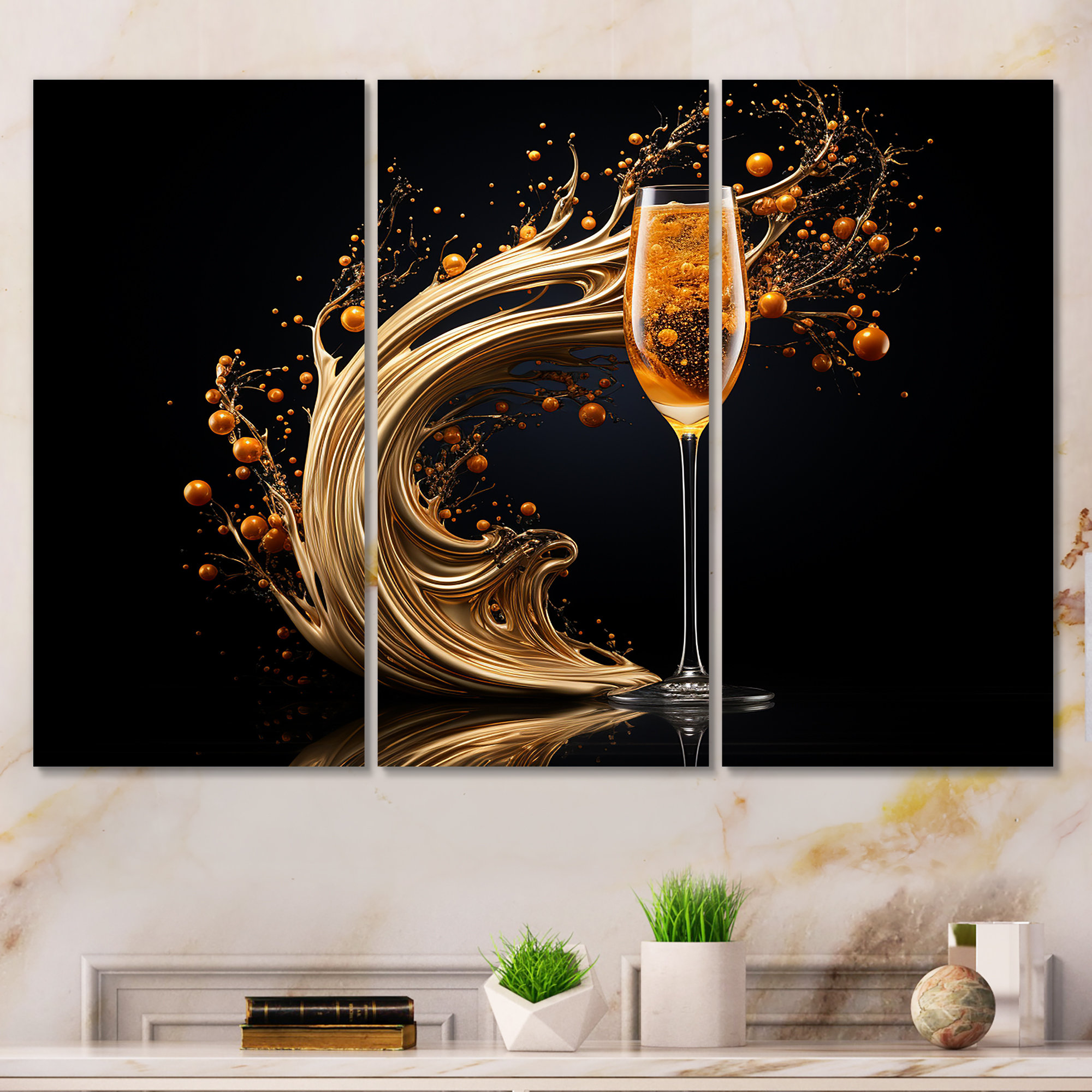 Ebern Designs Champagne Spiral Glass Gold Splash - Champagne Wall Art ...