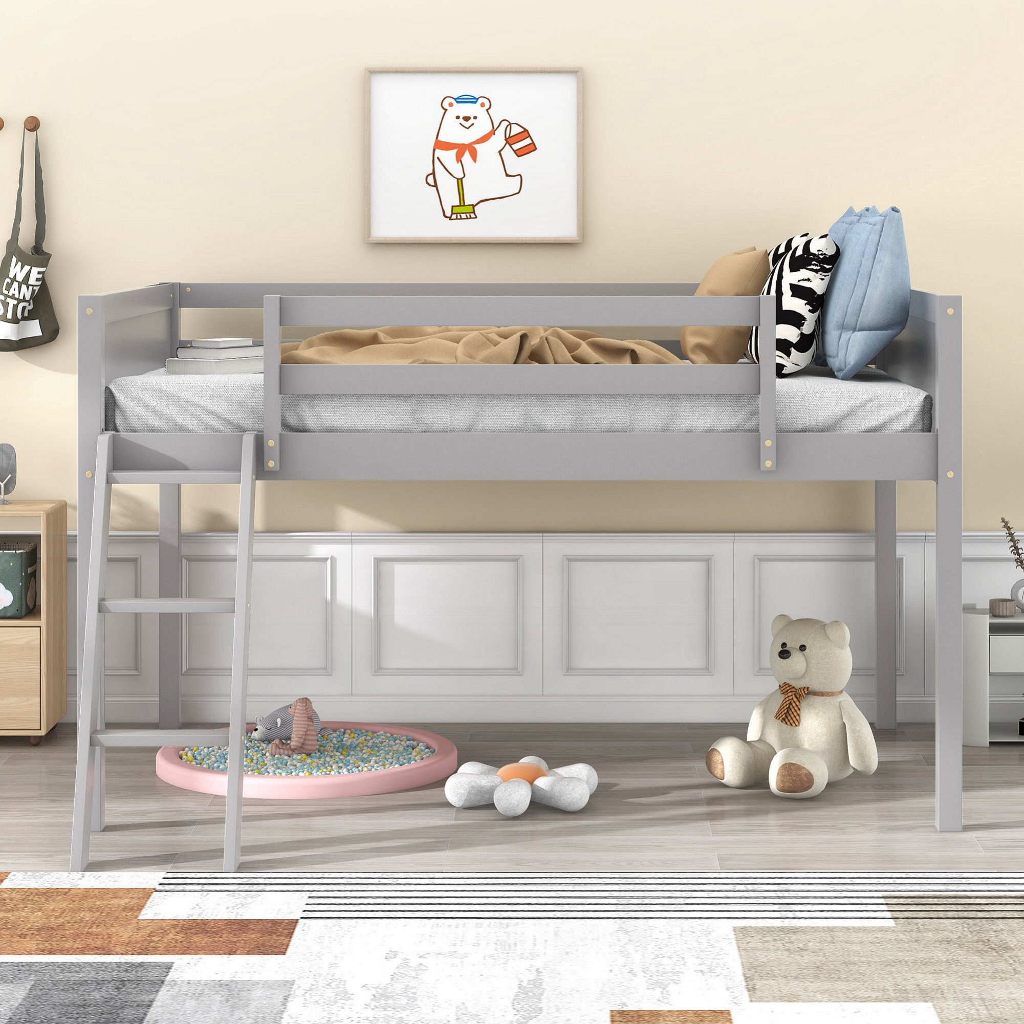17 Stories Wood Loft Bed with Convertible Ladder and Full-Length ...