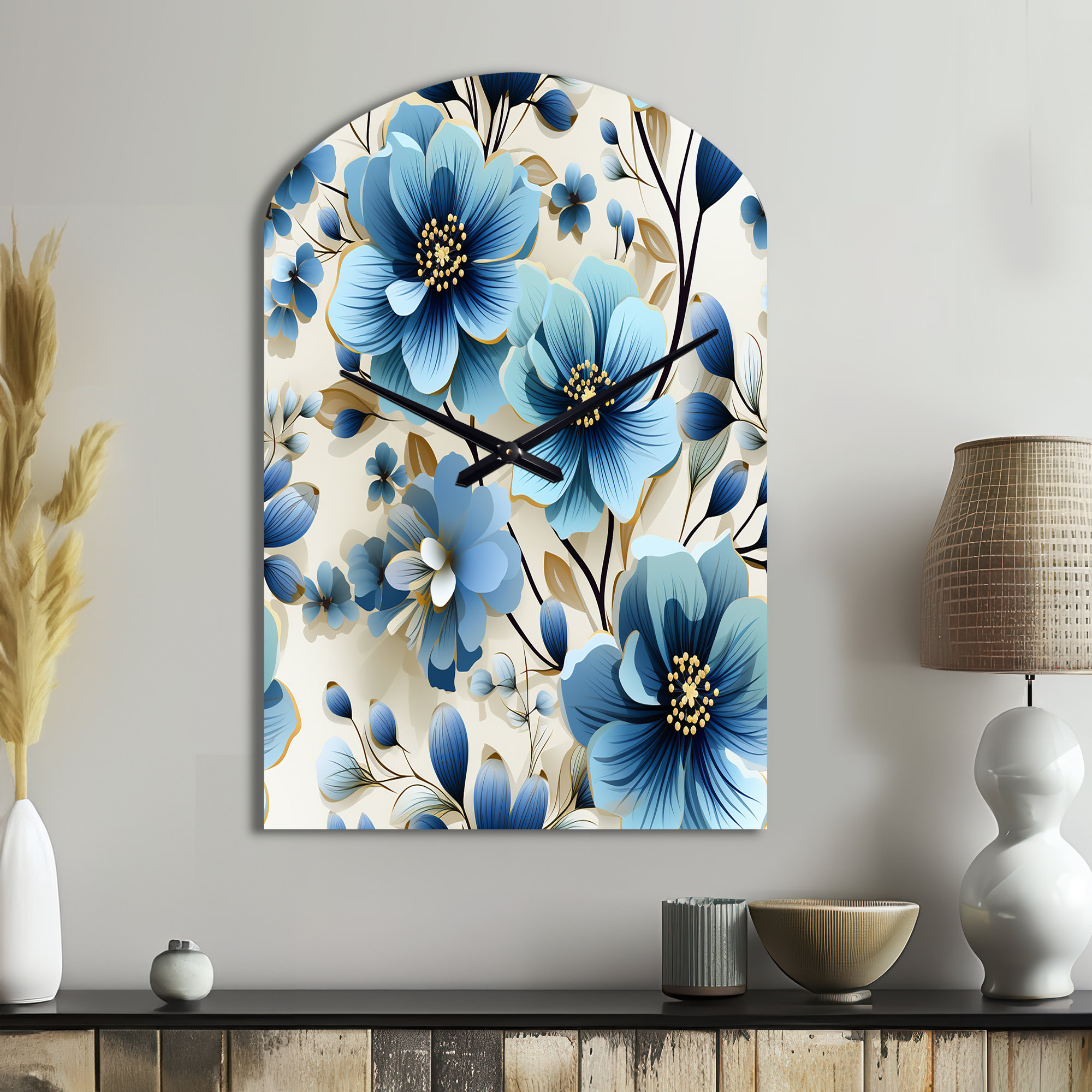 Design Art Blue Coastal Elegance Floral Pattern - Floral Asymmetrical ...