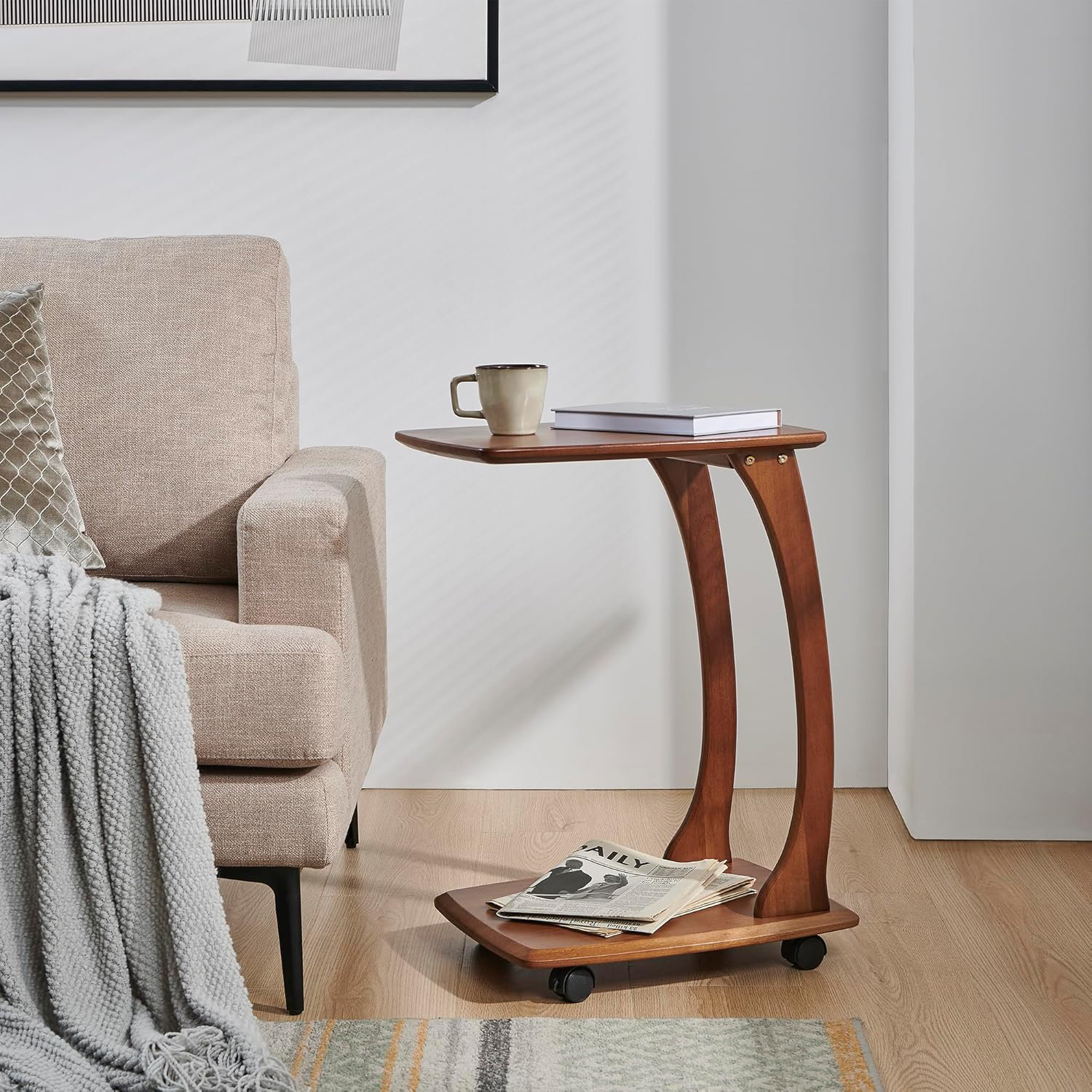 Hokku Designs Solid Wood C-Shaped End Table With Rolling Wheels, Versatile Tv Tray And Couch ...