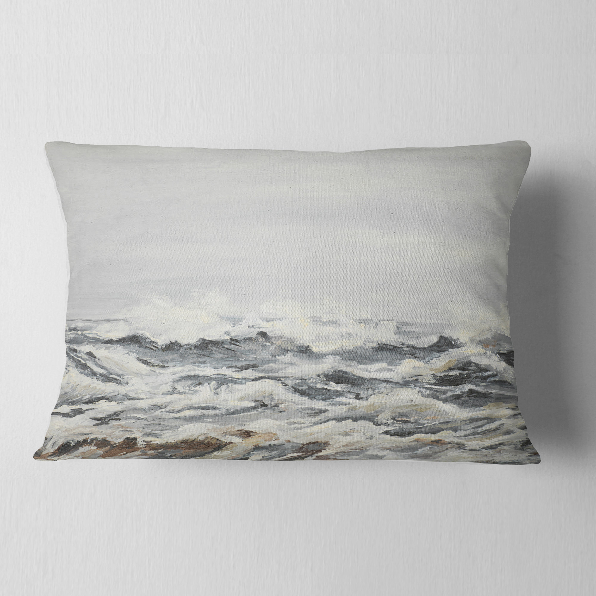 Design Art Grey Sea Waves - Sea & Shore Printed Throw Pillow | Wayfair