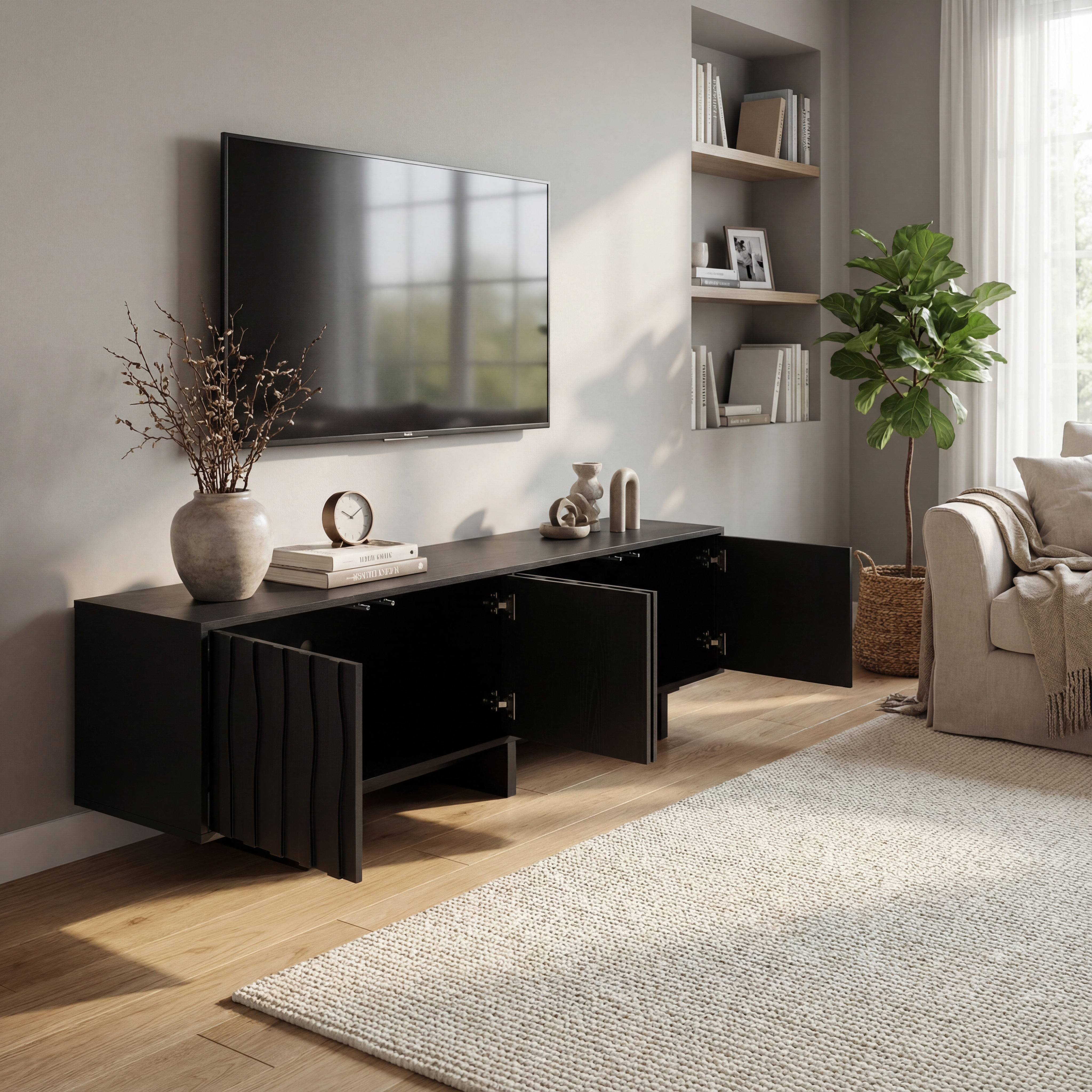 Latitude Run® 75 Inch Retro TV Stand with Wavy Door, Rustic Wood Grain ...