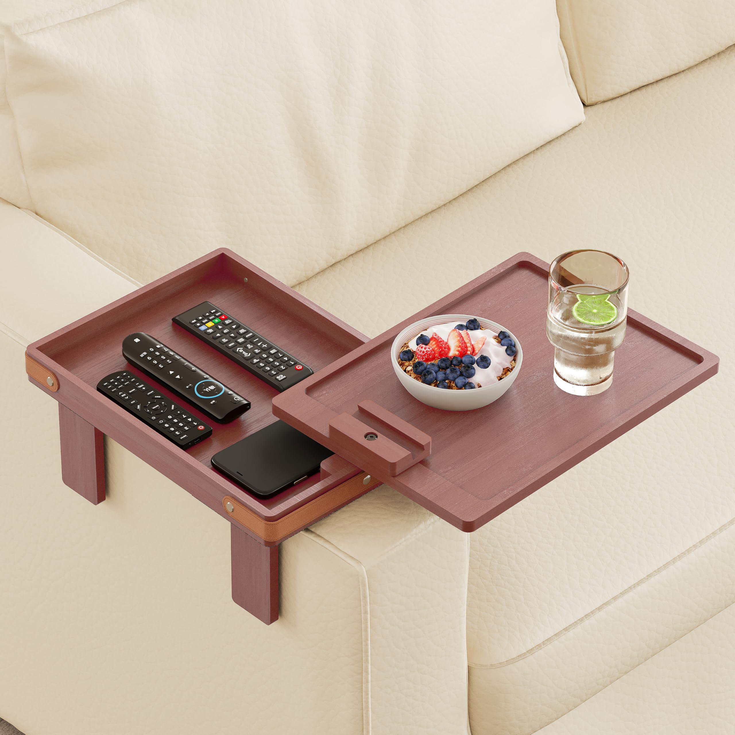 Latitude Run® Rose Brown Sofa Armrest Tray With Storage Box, Bamboo Couch Arm Table With 360 ...