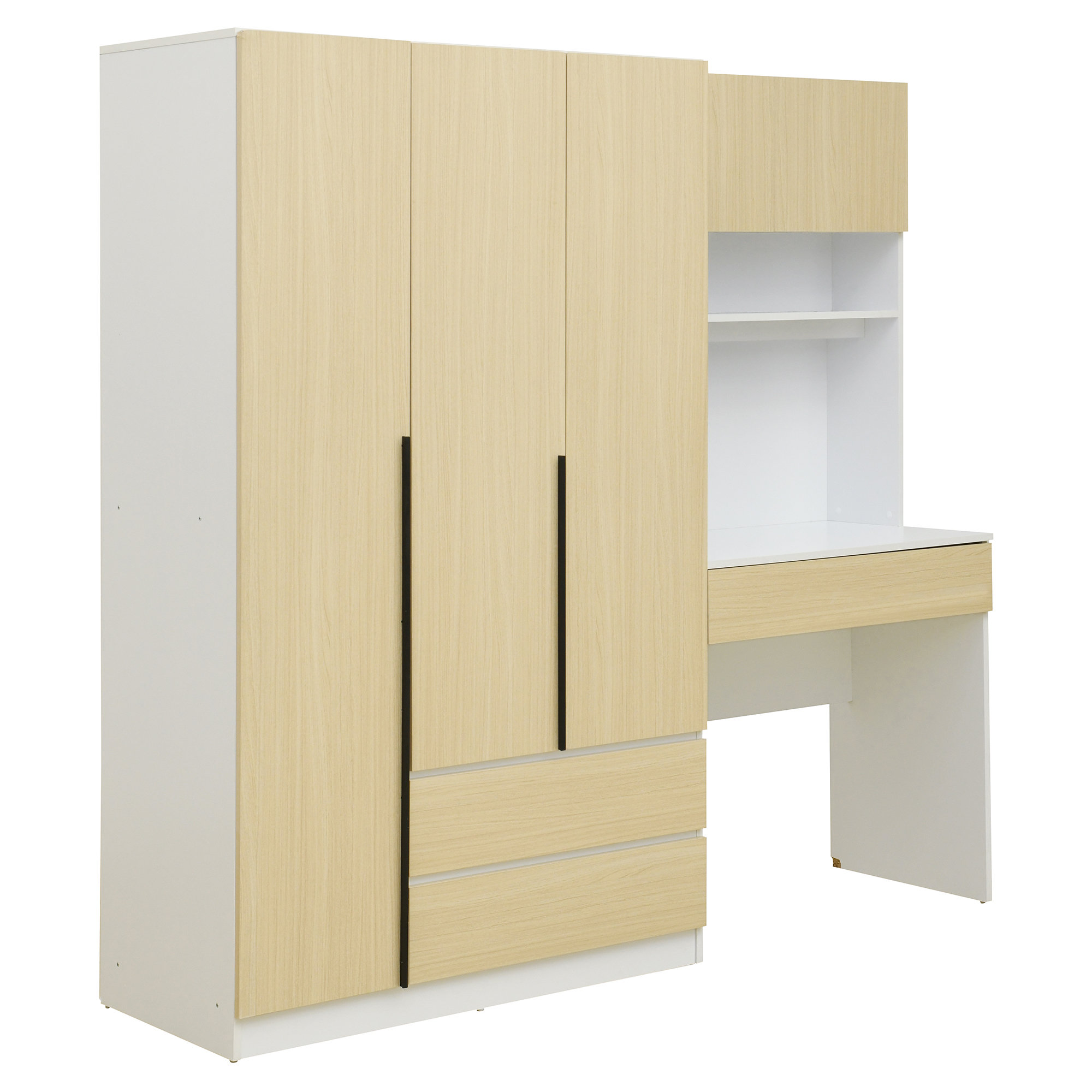 Latitude Run® 3-Door Wooden Desk Wardrobe with Shelves and 3 Drawers ...