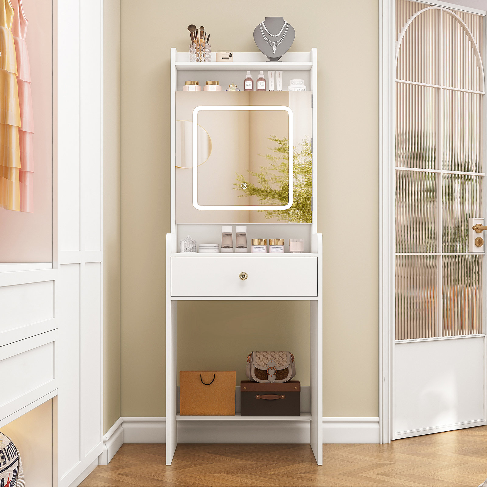 Ebern Designs Mirabel Makeup Vanity Desk With 3 Adjustable Lighted Hd ...