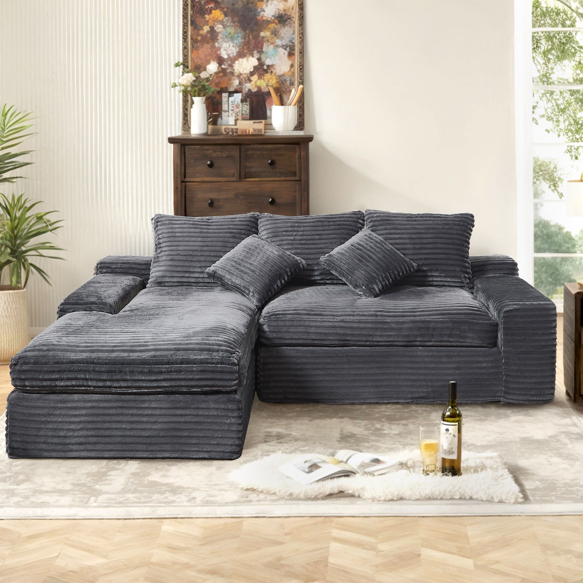 Mercer41 98.8" Upholstered Sectional Corduroy L-Shaped Sofa & Chaise ...