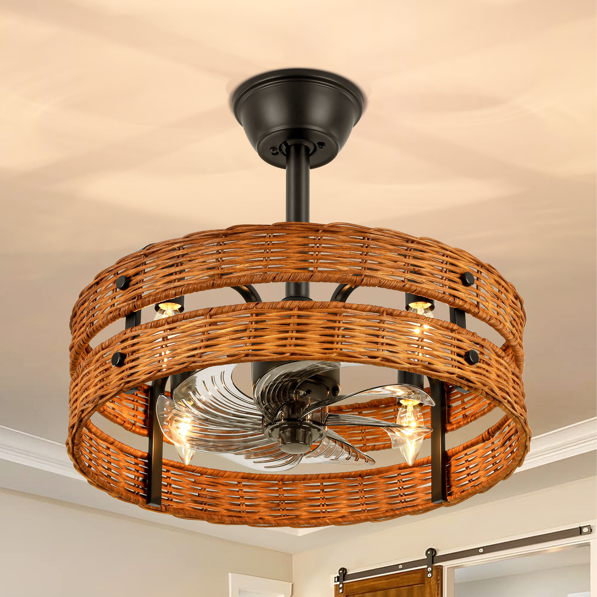 Bay Isle Home™ Elaro Weave 4-Light 19.2'' Farmhouse Rattan Drum Ceiling ...