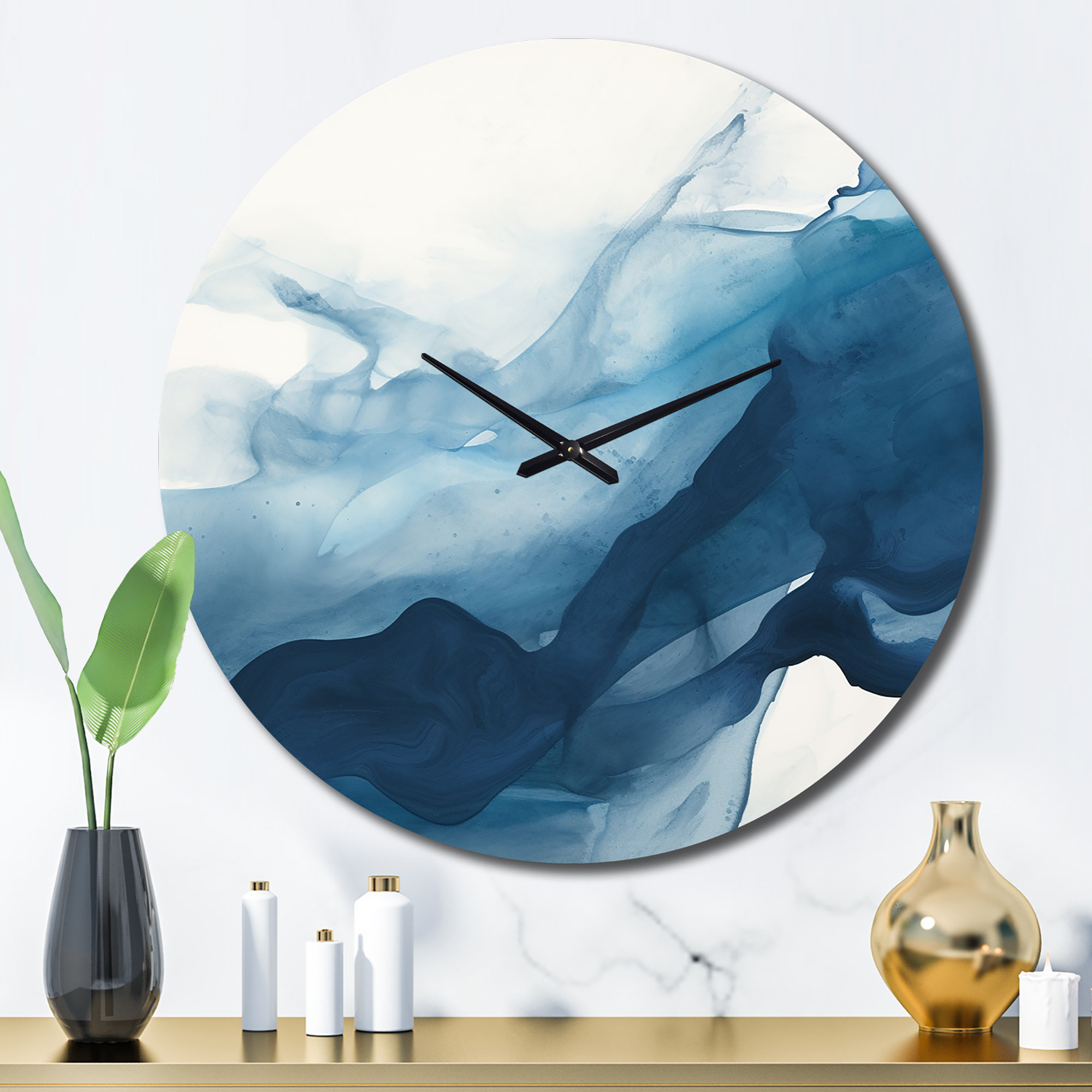 Design Art Blue And White Dancing Watercolor Clouds V Metal Wall Clock ...