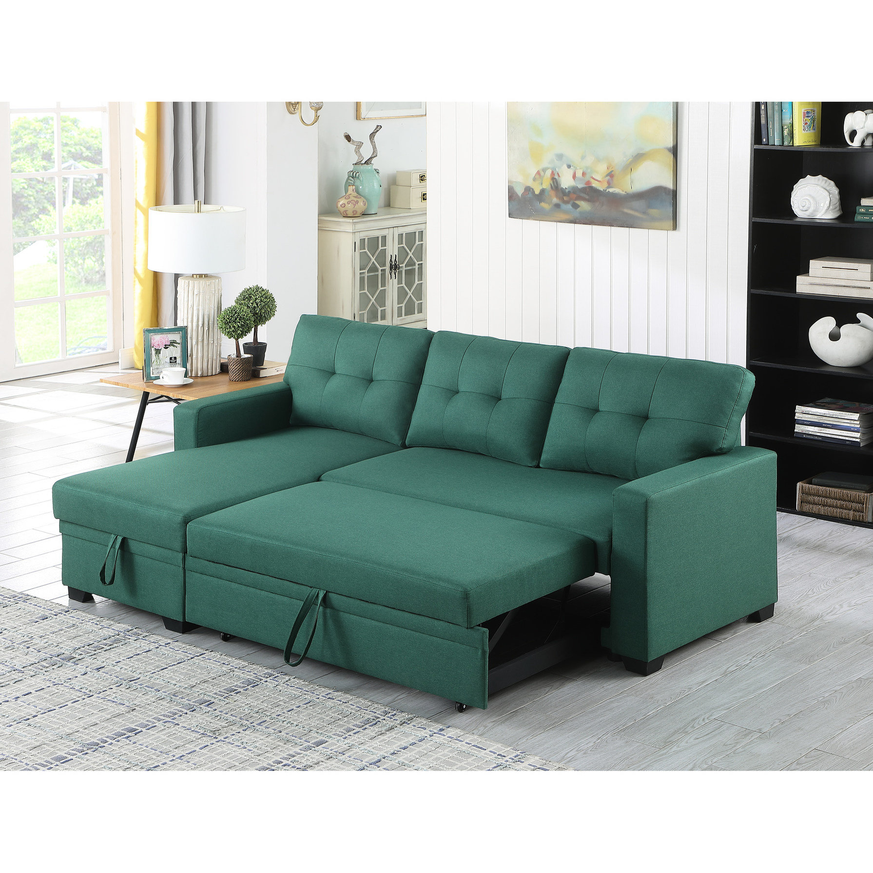Ebern Designs Linen Upholstered With Pull Out Chaise And Removable Back ...