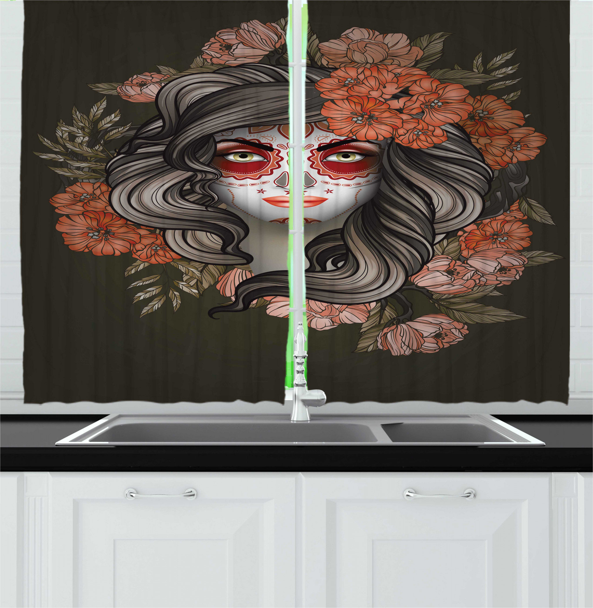 Ambesonne 2 Piece Day of the Dead Kitchen Curtain | Wayfair