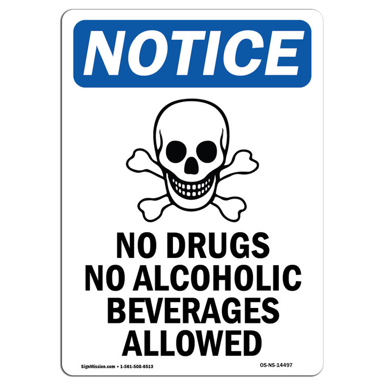 SignMission OSHA Notice - No Drugs No Alcoholic Sign With Symbol ...