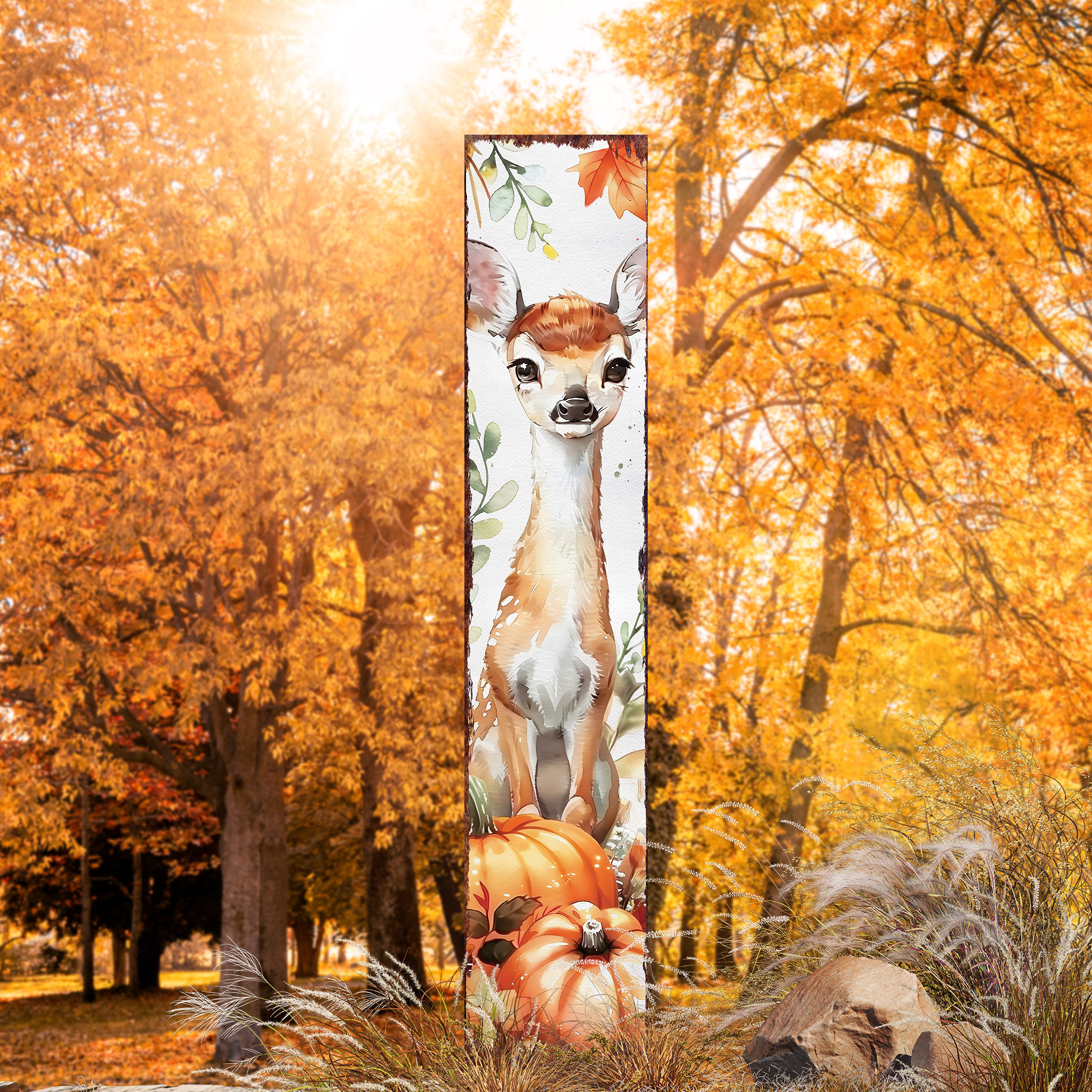 Millwood Pines 42in Fall Garden Stake | Watercolor Fall Baby Deer Decor ...