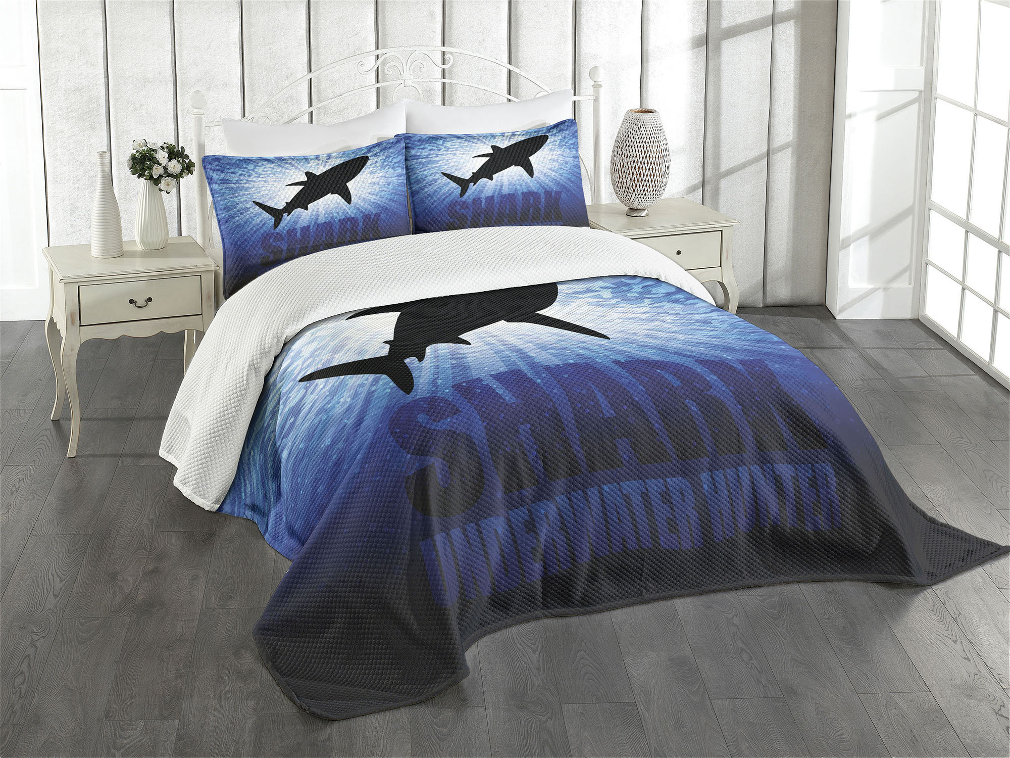 Ambesonne Shark Bedspread Set Underwater Hunter Danger Royal Blue Black ...