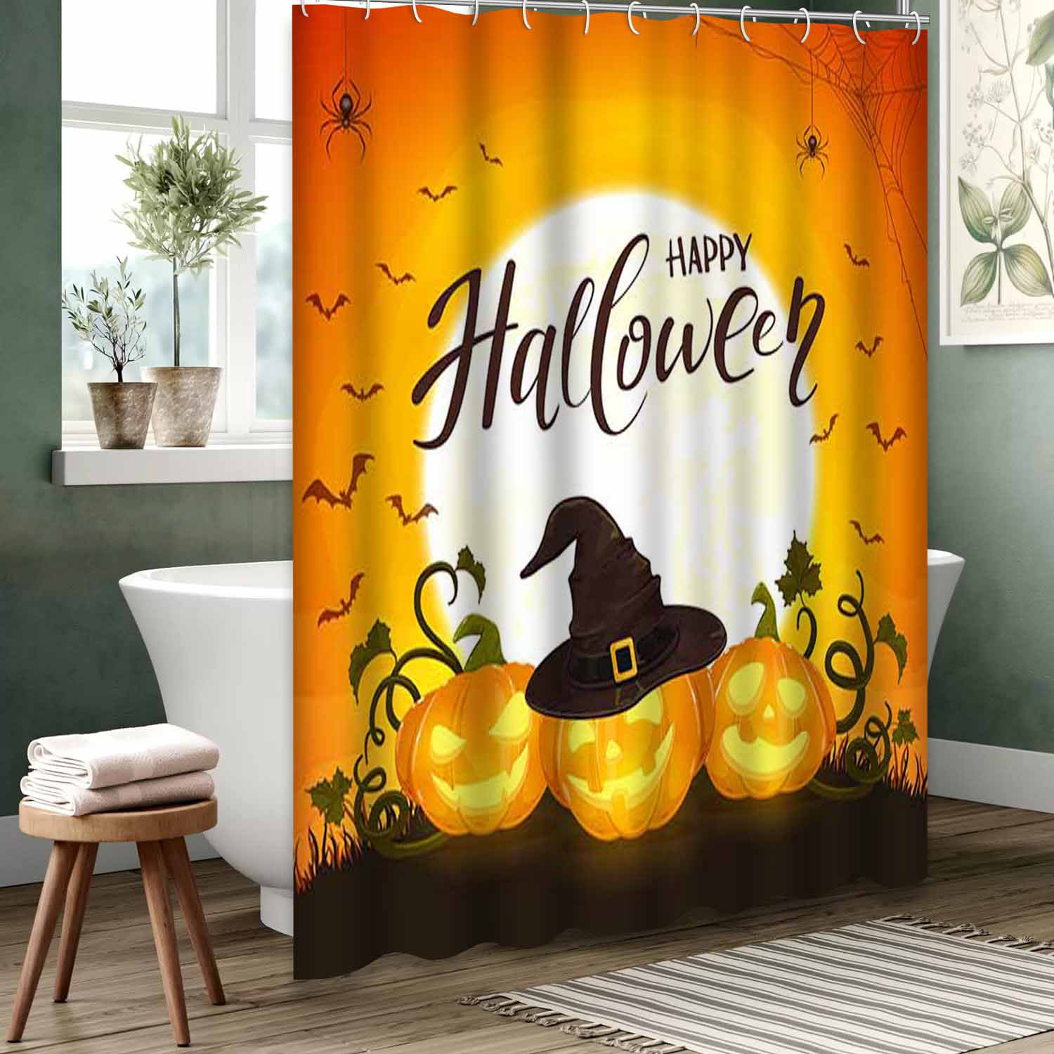 East Urban Home ??Halloween Pumpkin Shower Curtain with 12 Hooks - Moonlit Jack-O-Lantern Art ...