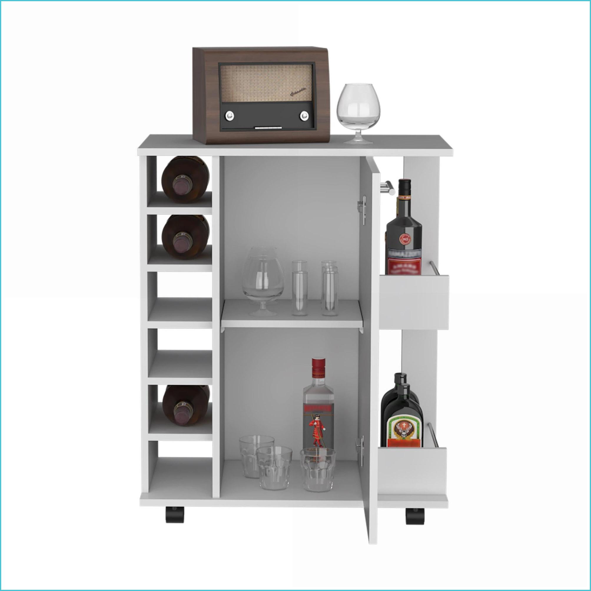 Latitude Run® Bar Cart with Casters, 2 Side Shelves & 6-Wine Bottle ...