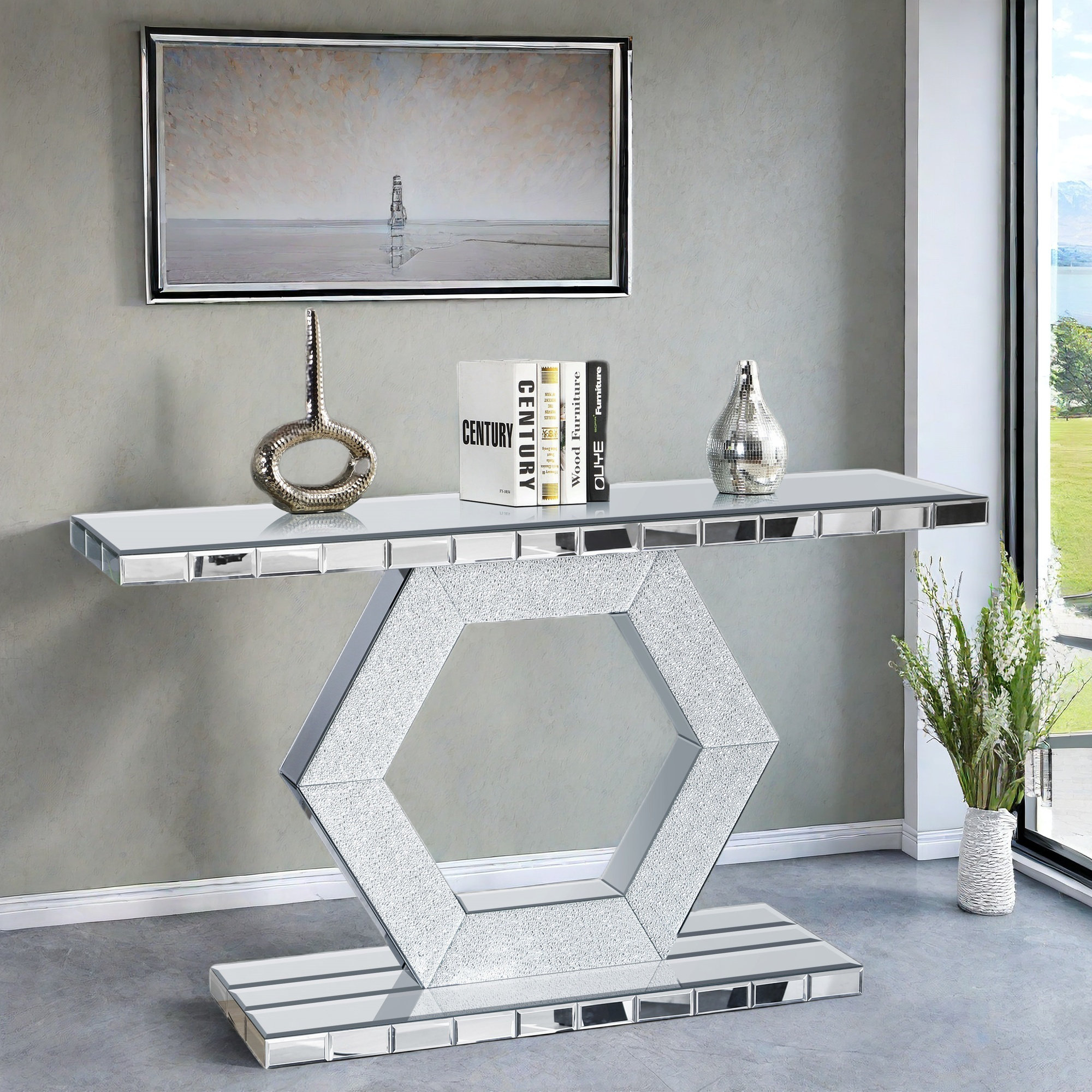 Mercer41 Sparkling Console Table With Diamond Glass Effects And ...