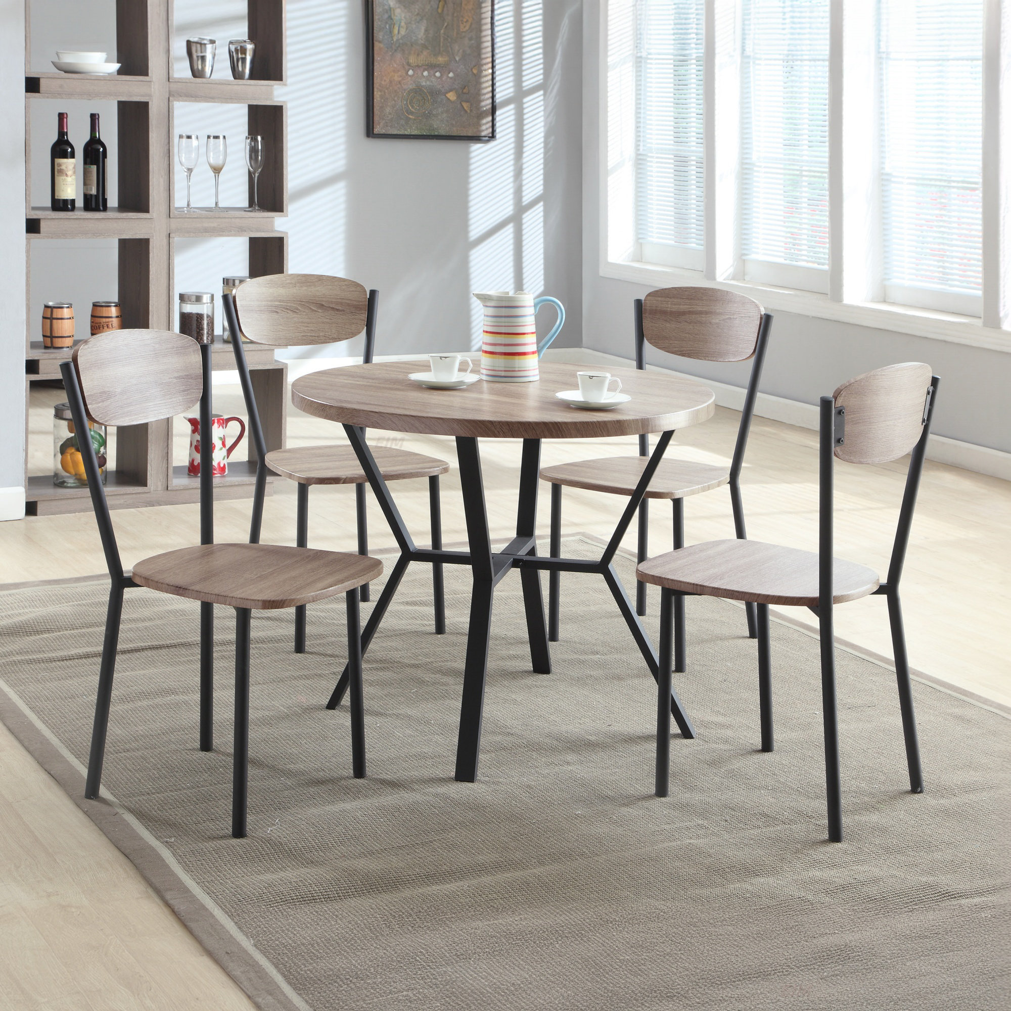 Latitude Run® 5-Piece Black Graywash Round Dining Set Table Chairs ...