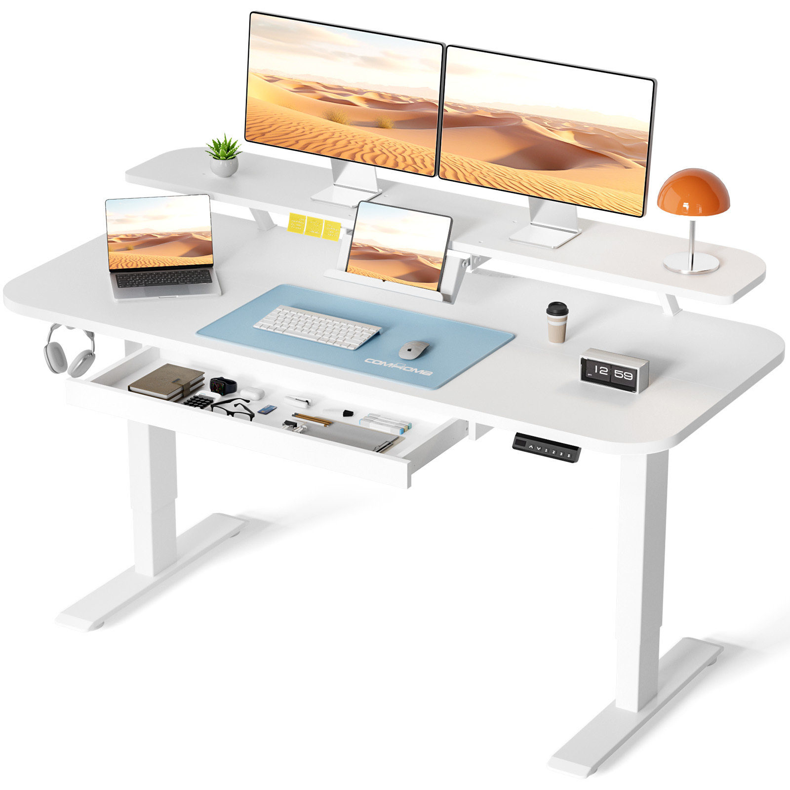 Inbox Zero Electric Standing Desk With Drawers, Sit Stand Up Desk With ...