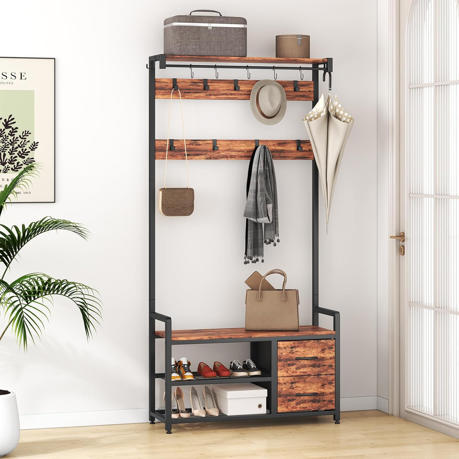 17 Stories Coat Rack, Entryway Hall Tree With Shoe Bench With Shelves ...