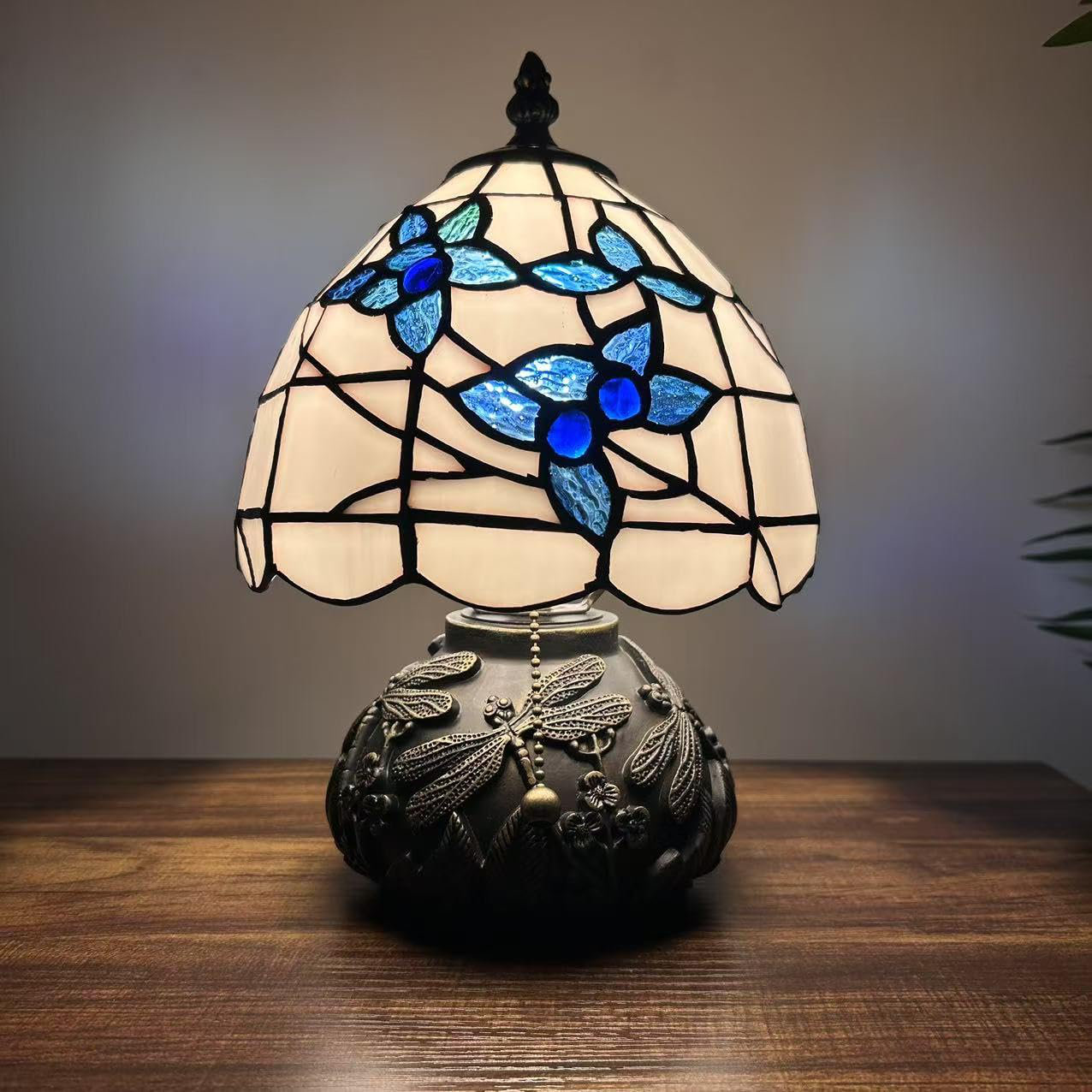 Astoria Grand Tiffany Mini Table Lamp White Stained Glass Blue Flowers ...