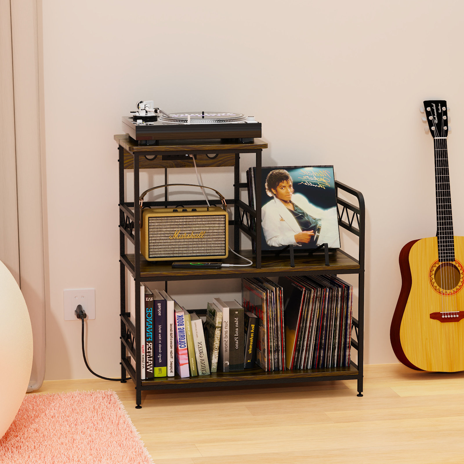 17 Stories Record Player Stand, End Table With Charging Station, Vinyl ...