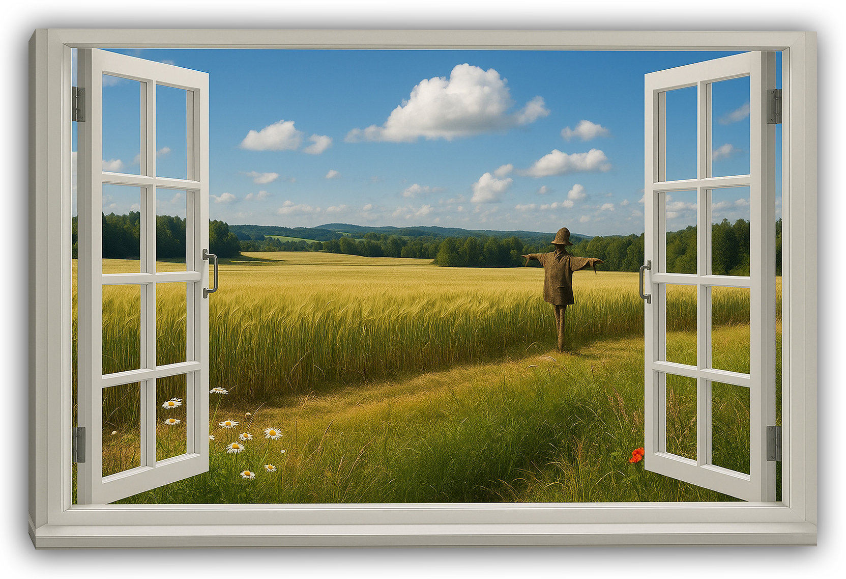 August Grove® Amber Wheatfield – Country Window Scene with Scarecrow ...